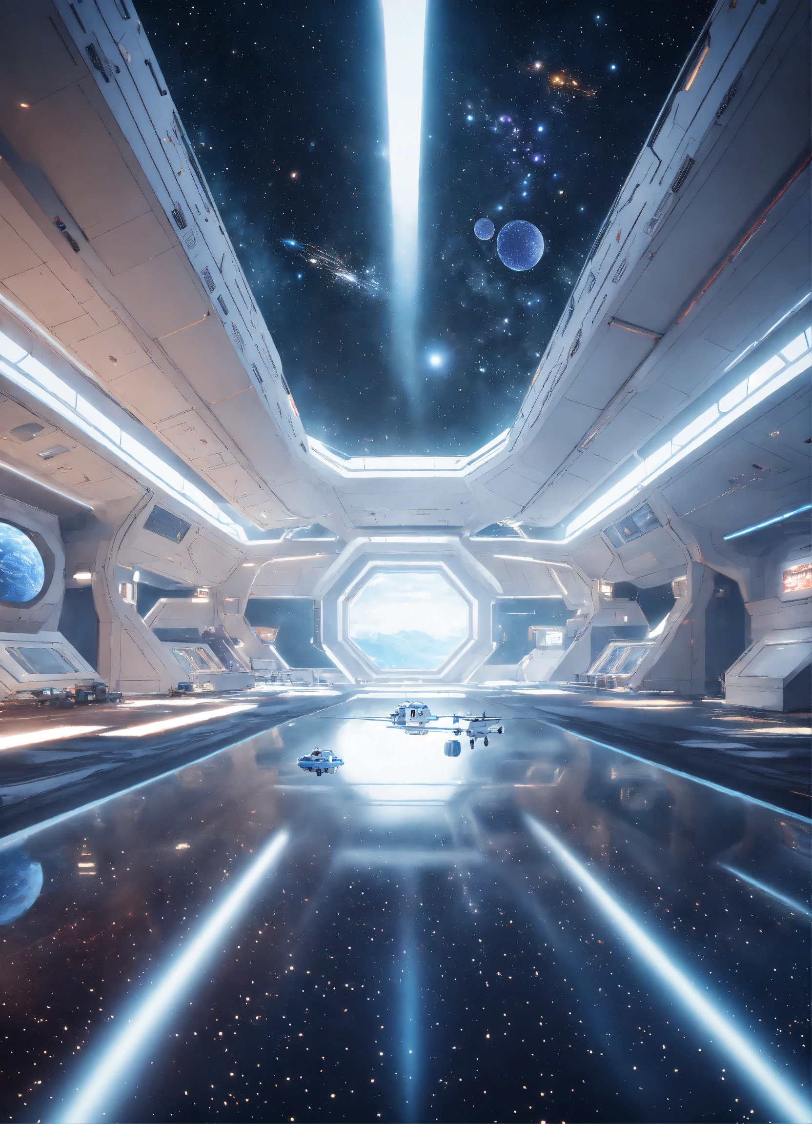Lexica - Beautiful white spaceport flying floating in deep space ...