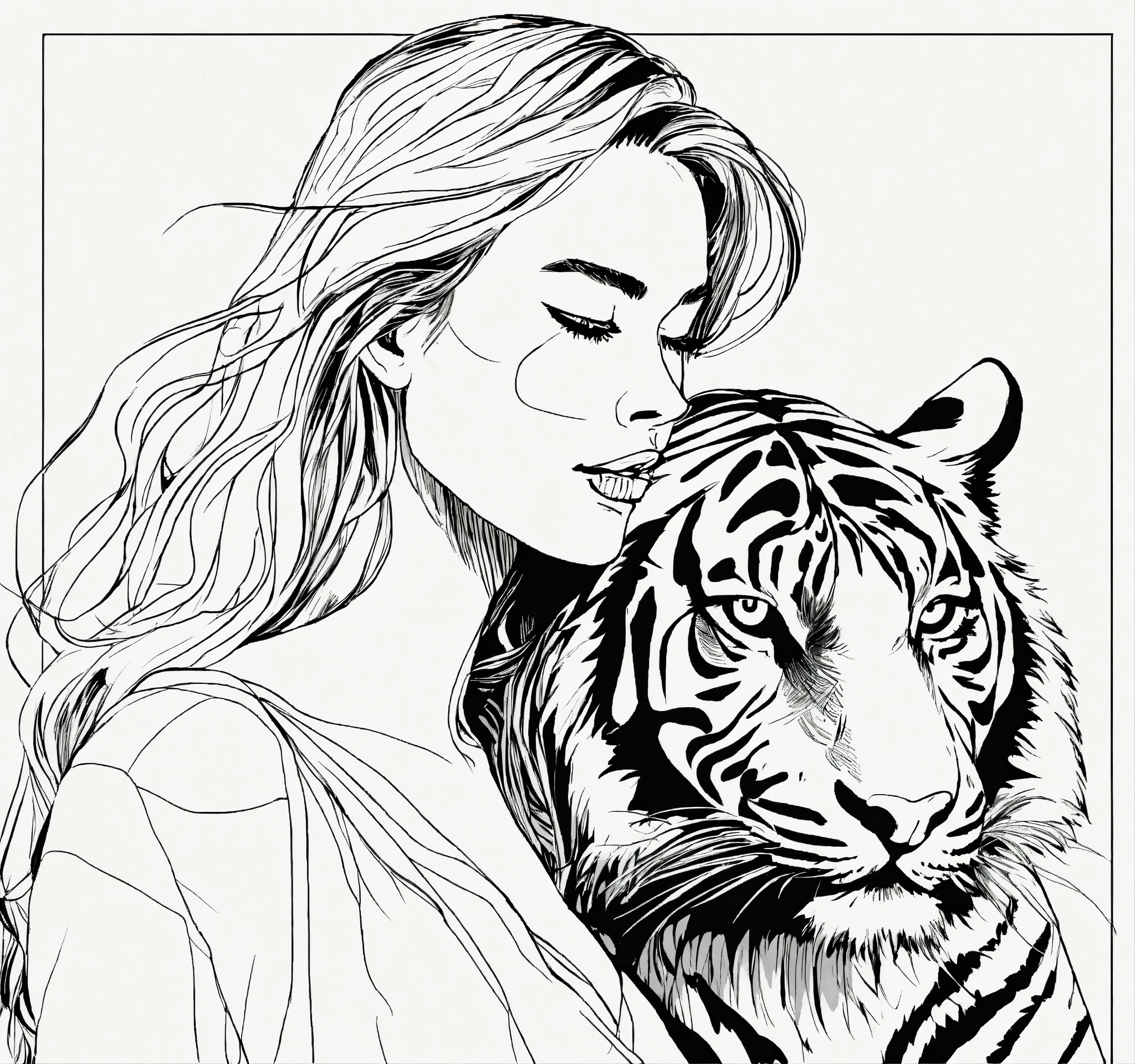 Lexica - Black and white bold line drawing, blonde woman, with tiger ...