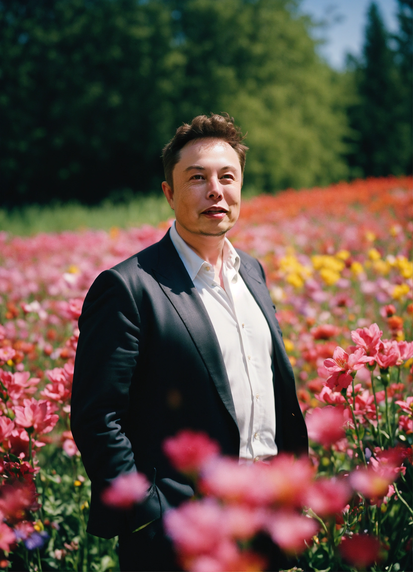 Lexica - Happy Elon Musk standing in a beautiful field of flowers ...