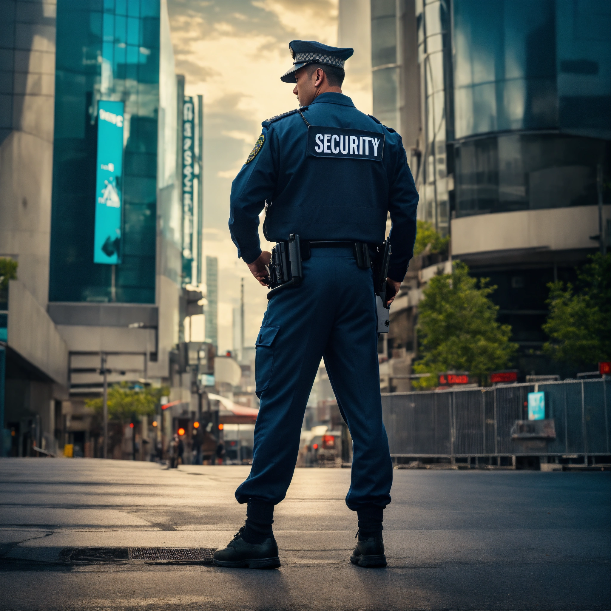 Lexica - A lone security officer wearing security cap, movie poster style