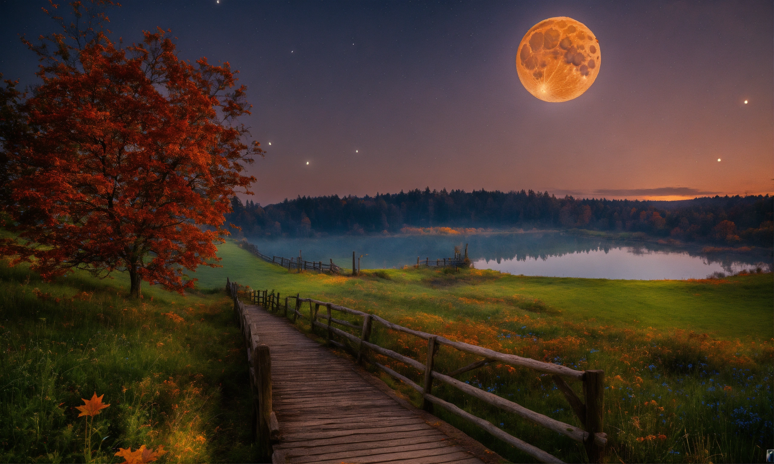 Lexica - Fall field trees moon stars grass bridge