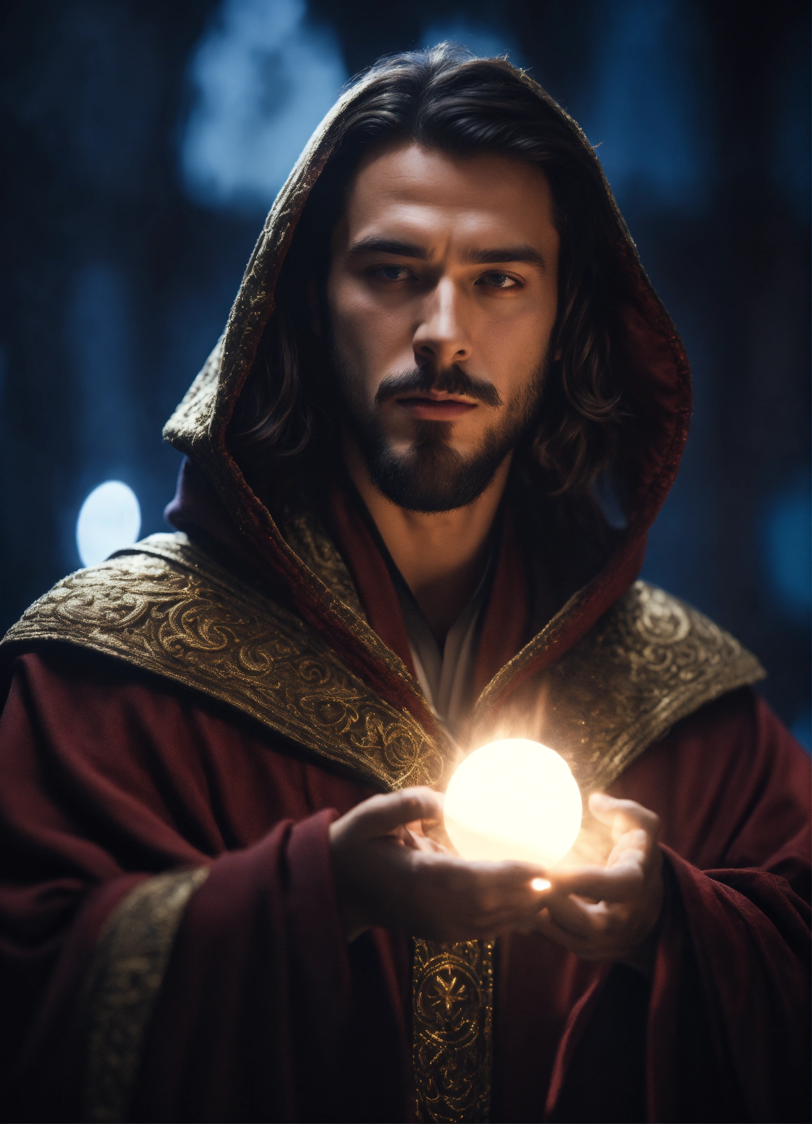 Lexica - Dark medium hair, french goatee, wizard robes, creating magic ...