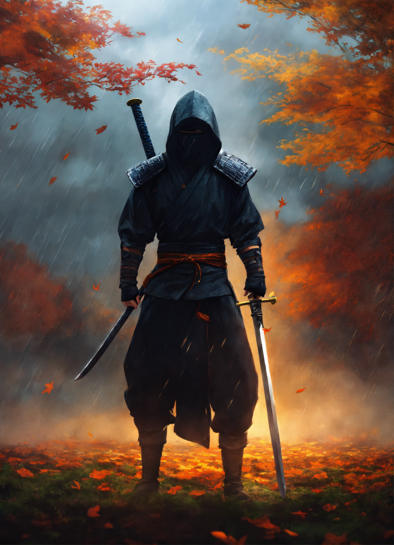 Lexica - Animated. Ninja holding his sword. Standing in a autumn storm.