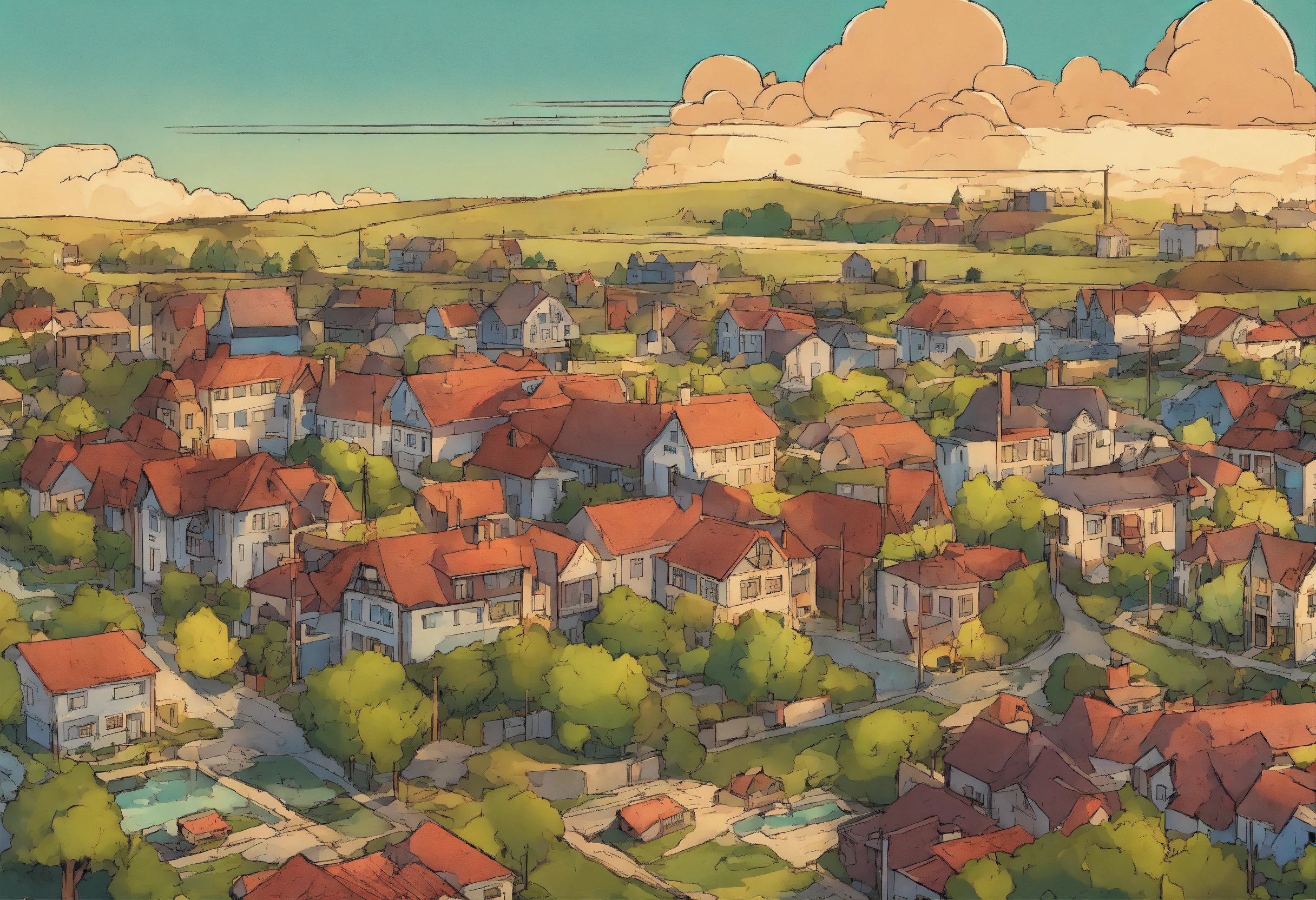 Lexica - A small town from aerial perspective. comic style