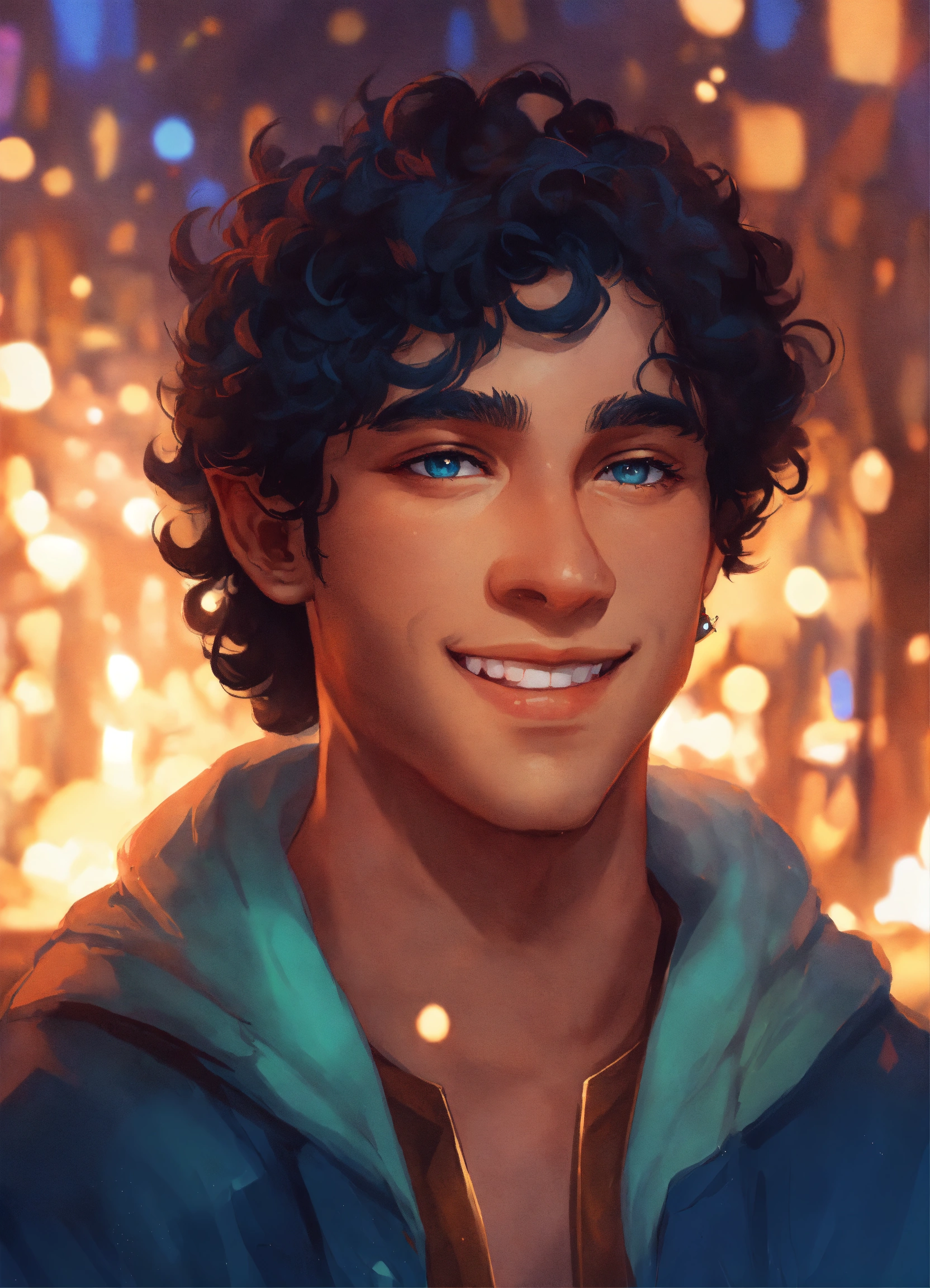 Lexica - 25 year old elf man, curly black hair, tan skin, hazel eyes ...