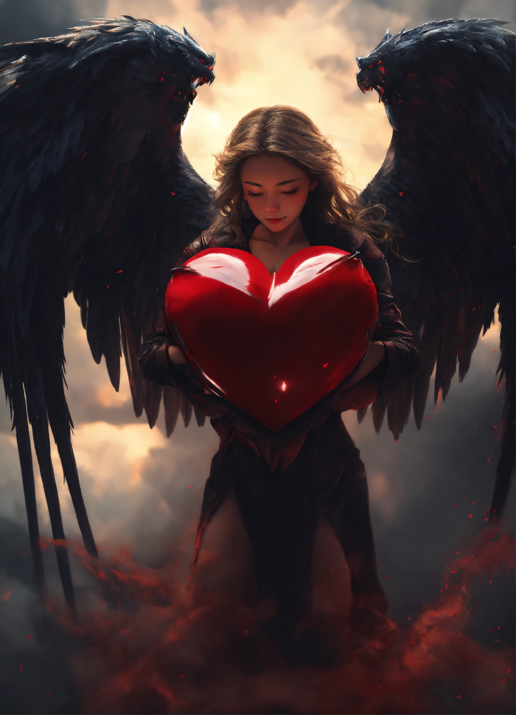 Lexica - An angel flying hugging a demon flying, forming a heart shape ...