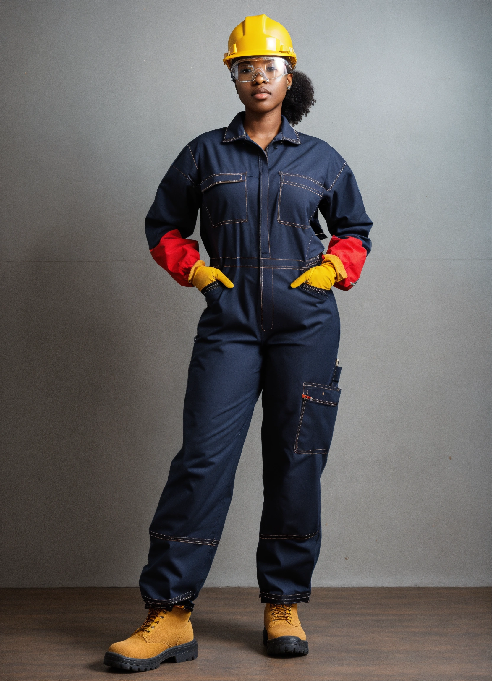 Lexica - Full body image of black female wearing engineering coverall, had hat, gloves and ...