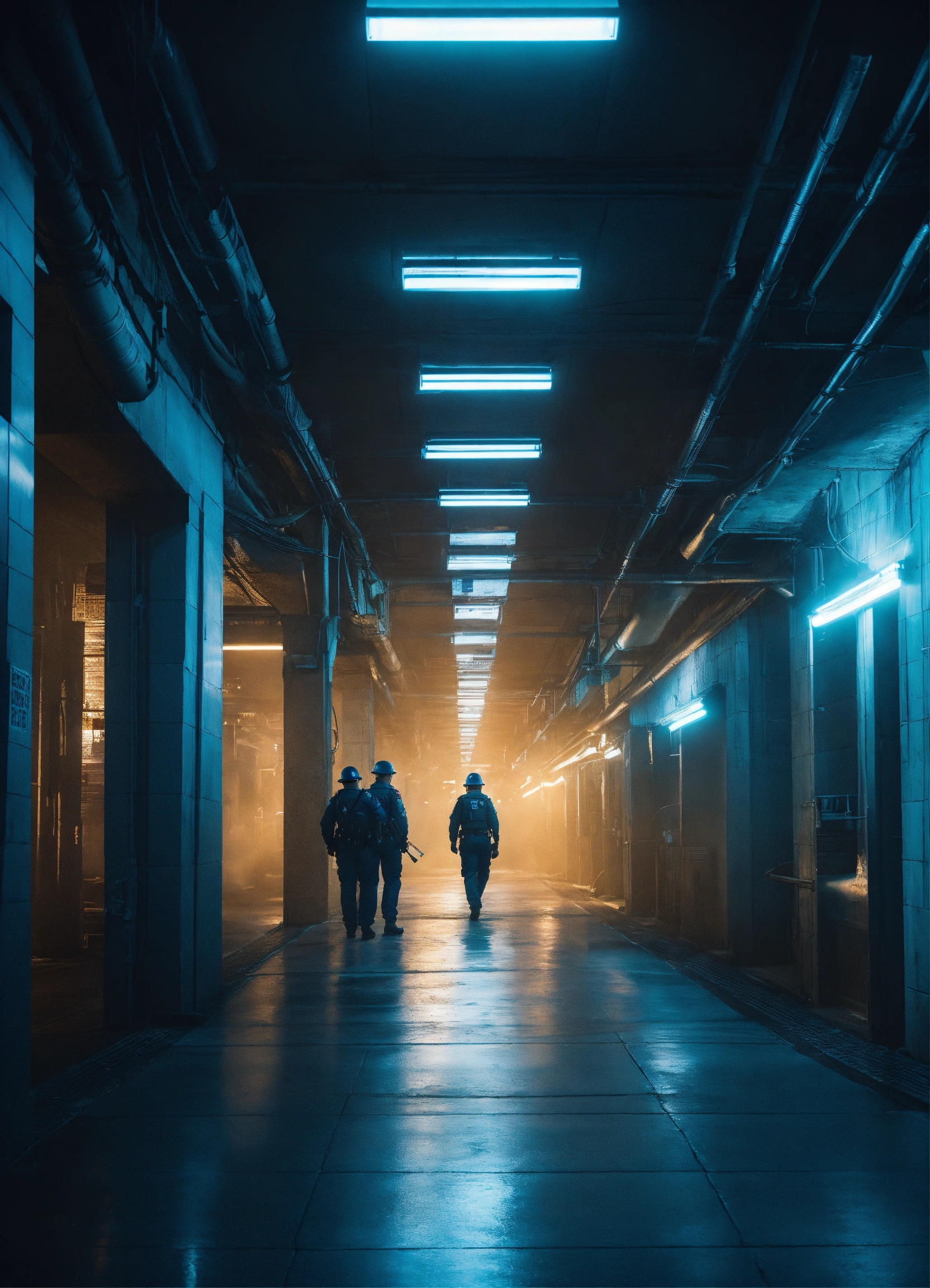 Lexica - Underground metropolis. Cool lighting, blue tones. People in ...