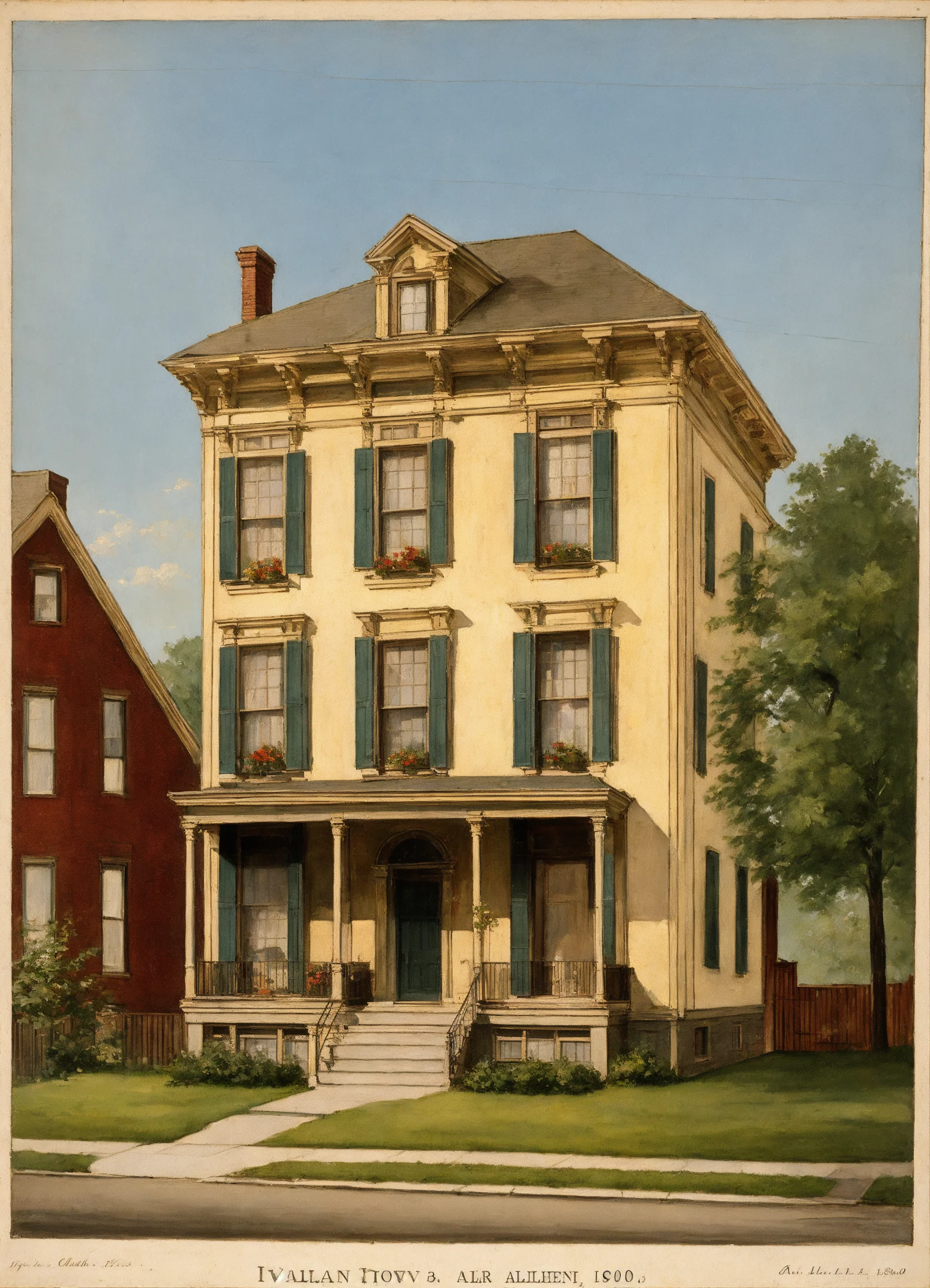 Lexica - Historic painting rendering, 1800s, Italianate two story house ...