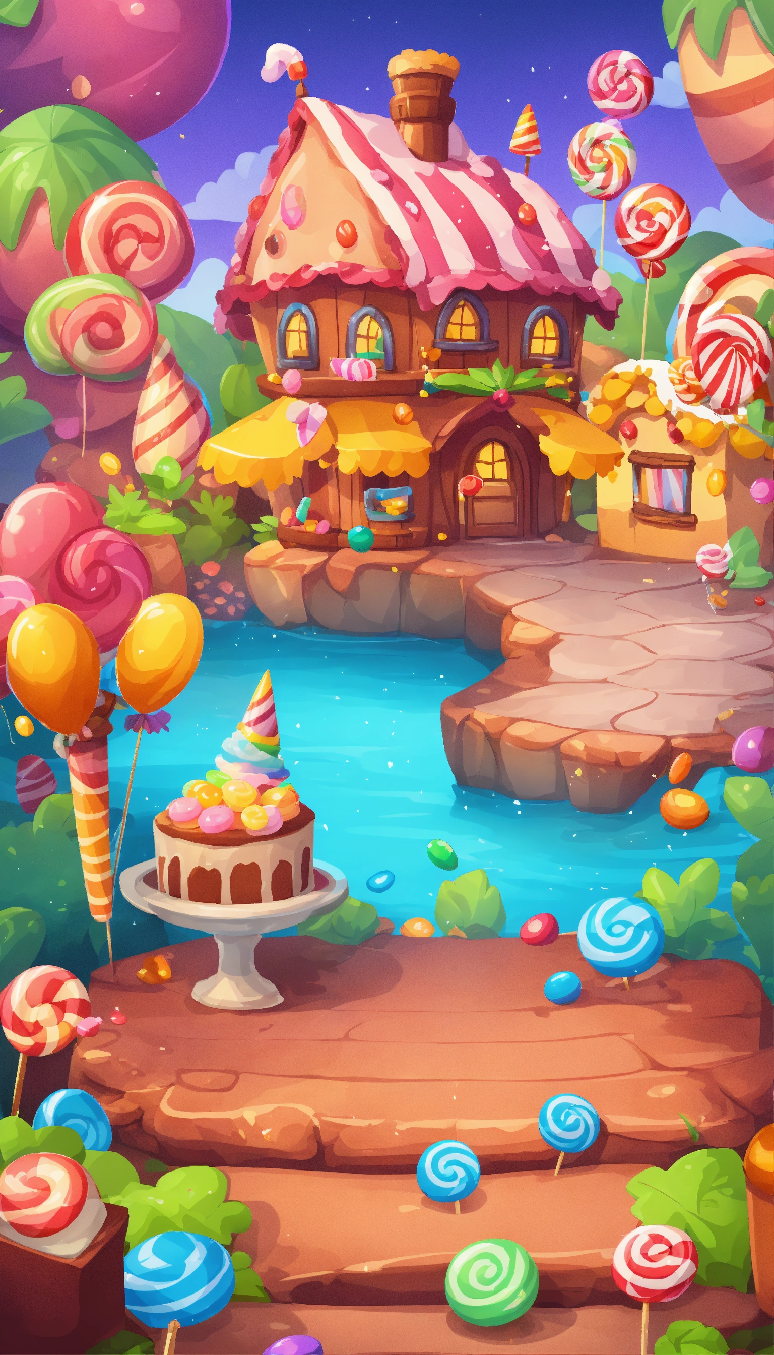 Lexica - 2d mobile platform game background with candy party scene