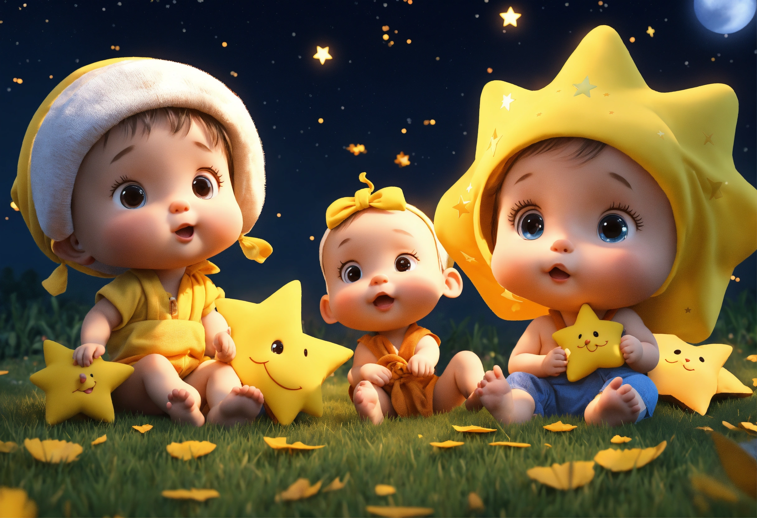 Lexica - On a bright night, Three sweet babies are playing in the backyard. The little yellow ...