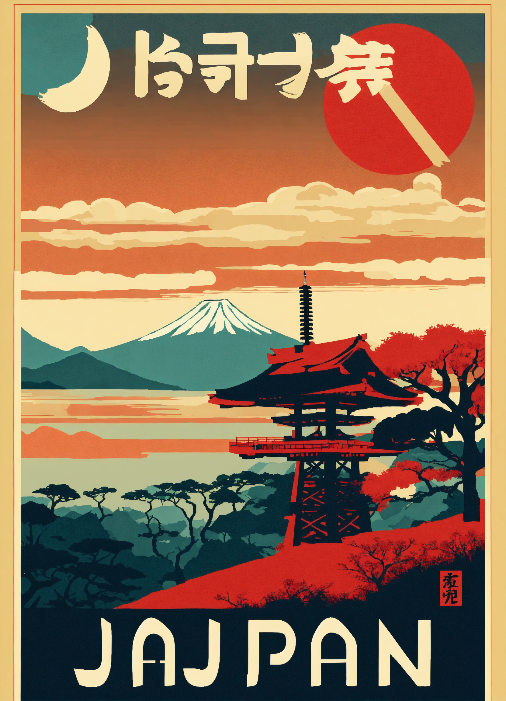 Lexica - Japan, travel poster, WPA style vintage screenprint, vector art