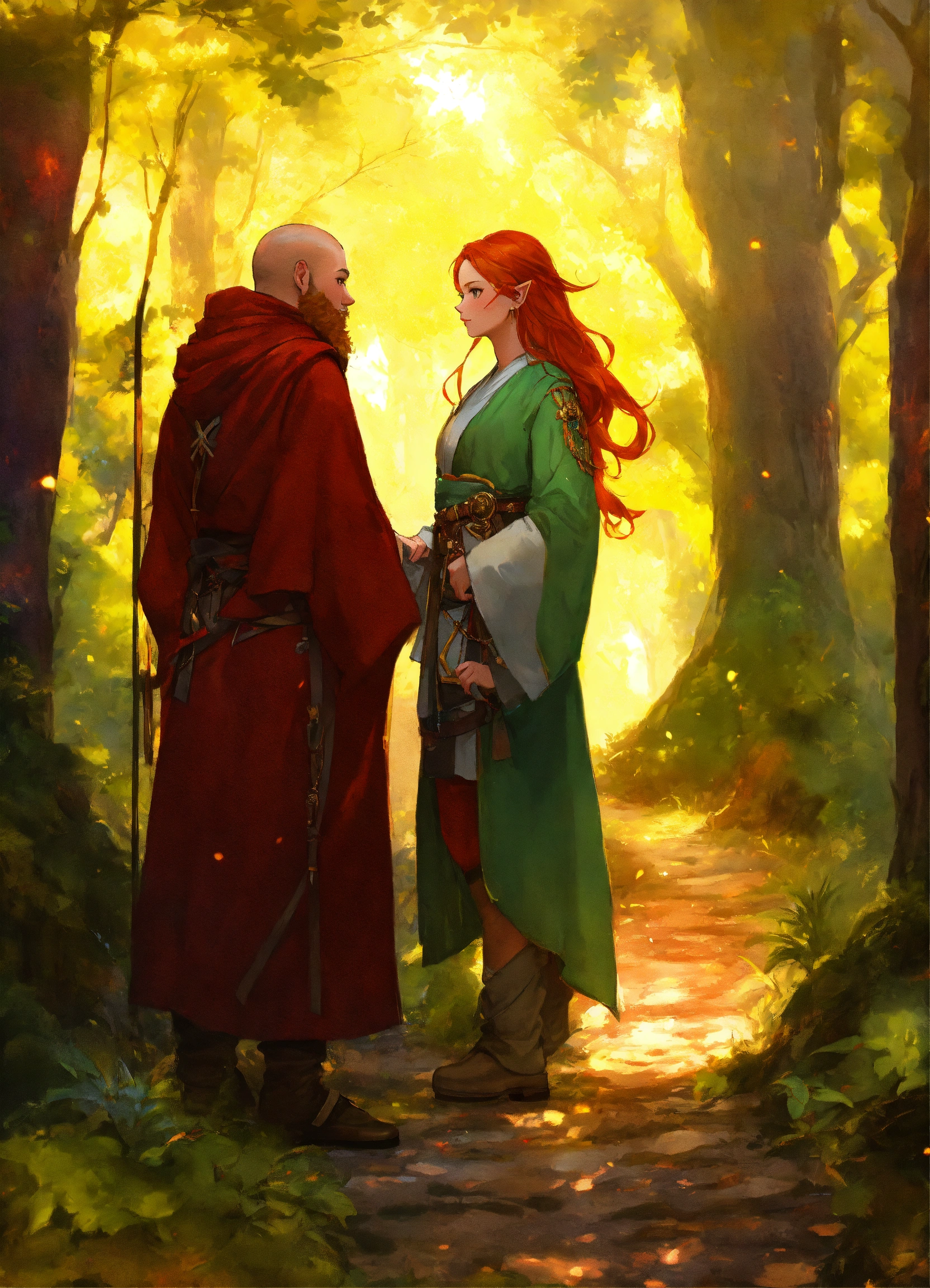 Lexica - Red headed elf monk and cleric in monk robes in a forest