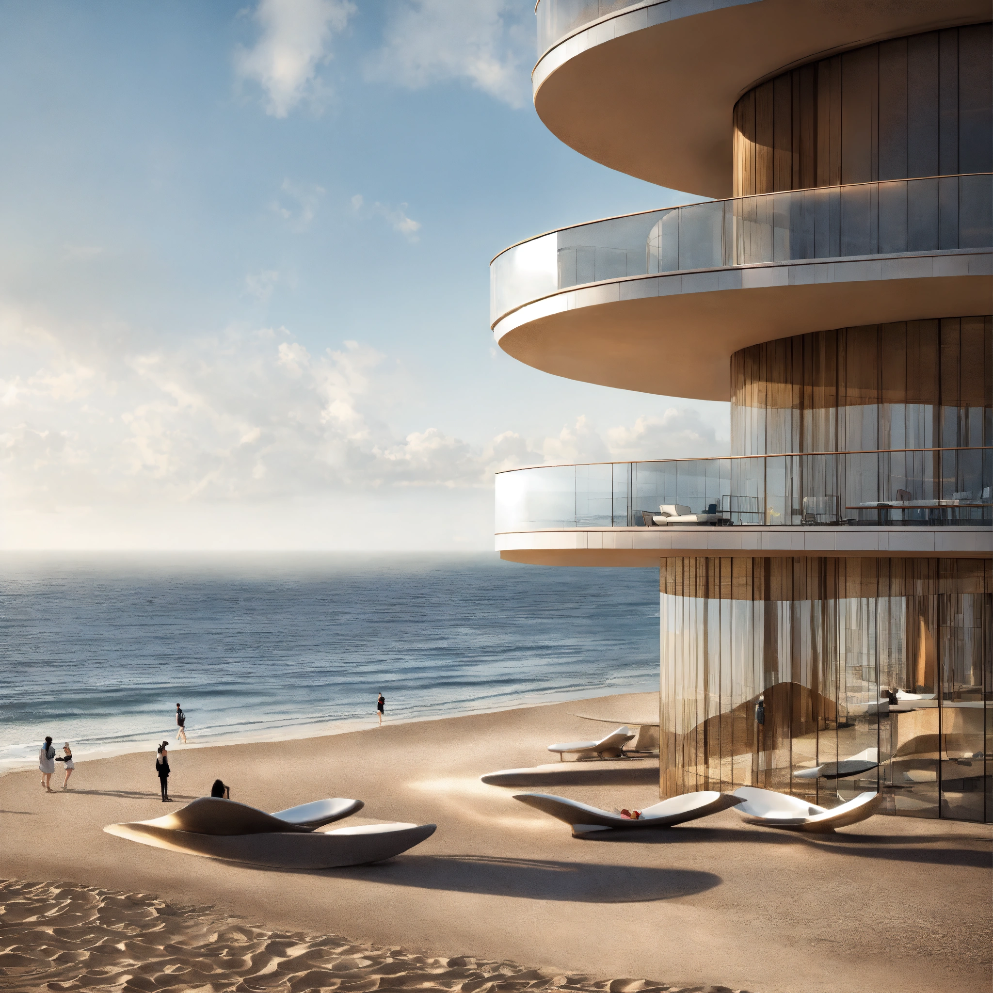 Lexica - Zaha Hadid minimalist skyscraper at the beach made of diamond.