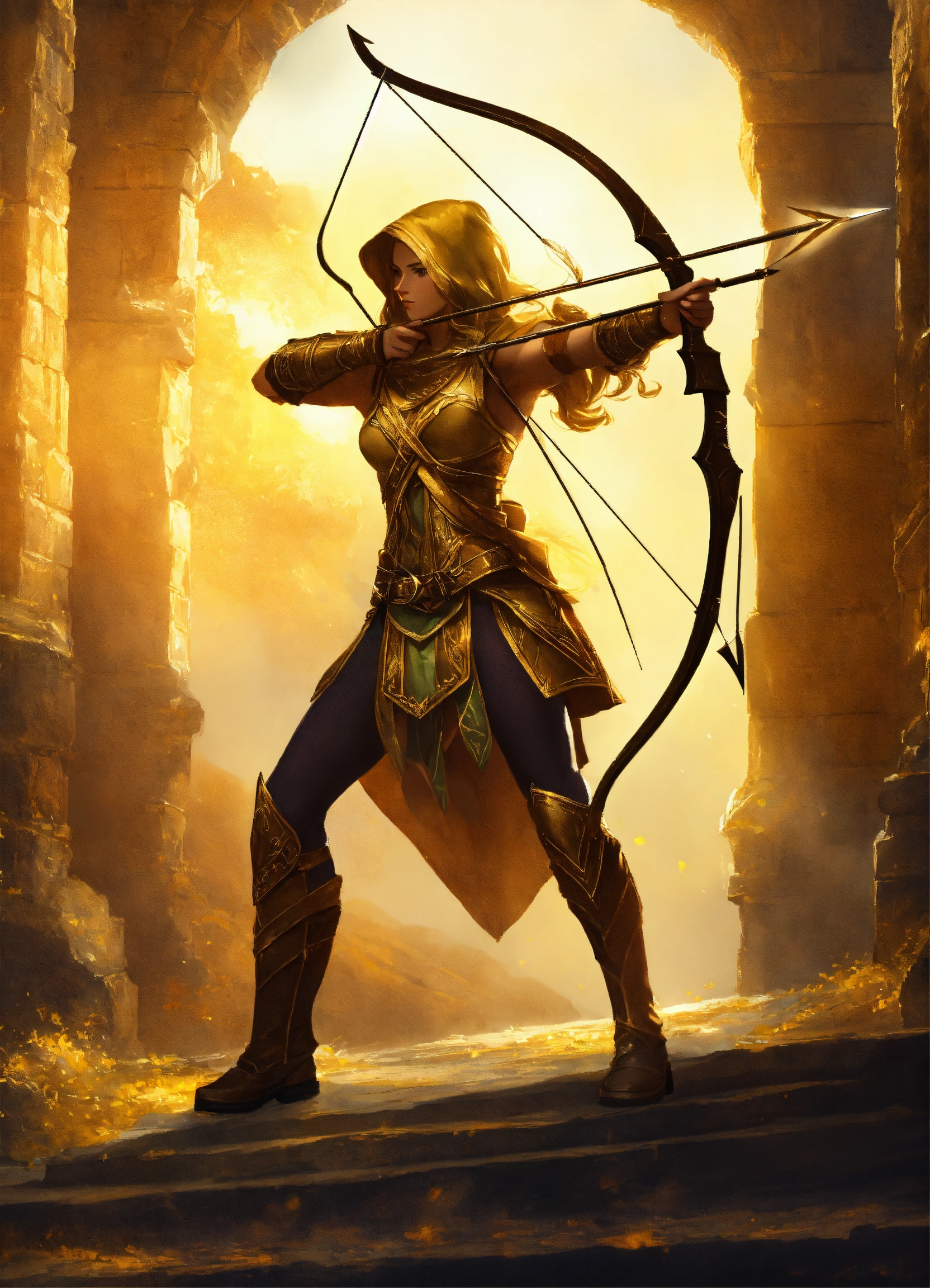 Lexica - Large golden bow and arrow standing again wall, dnd, fantasy , hd