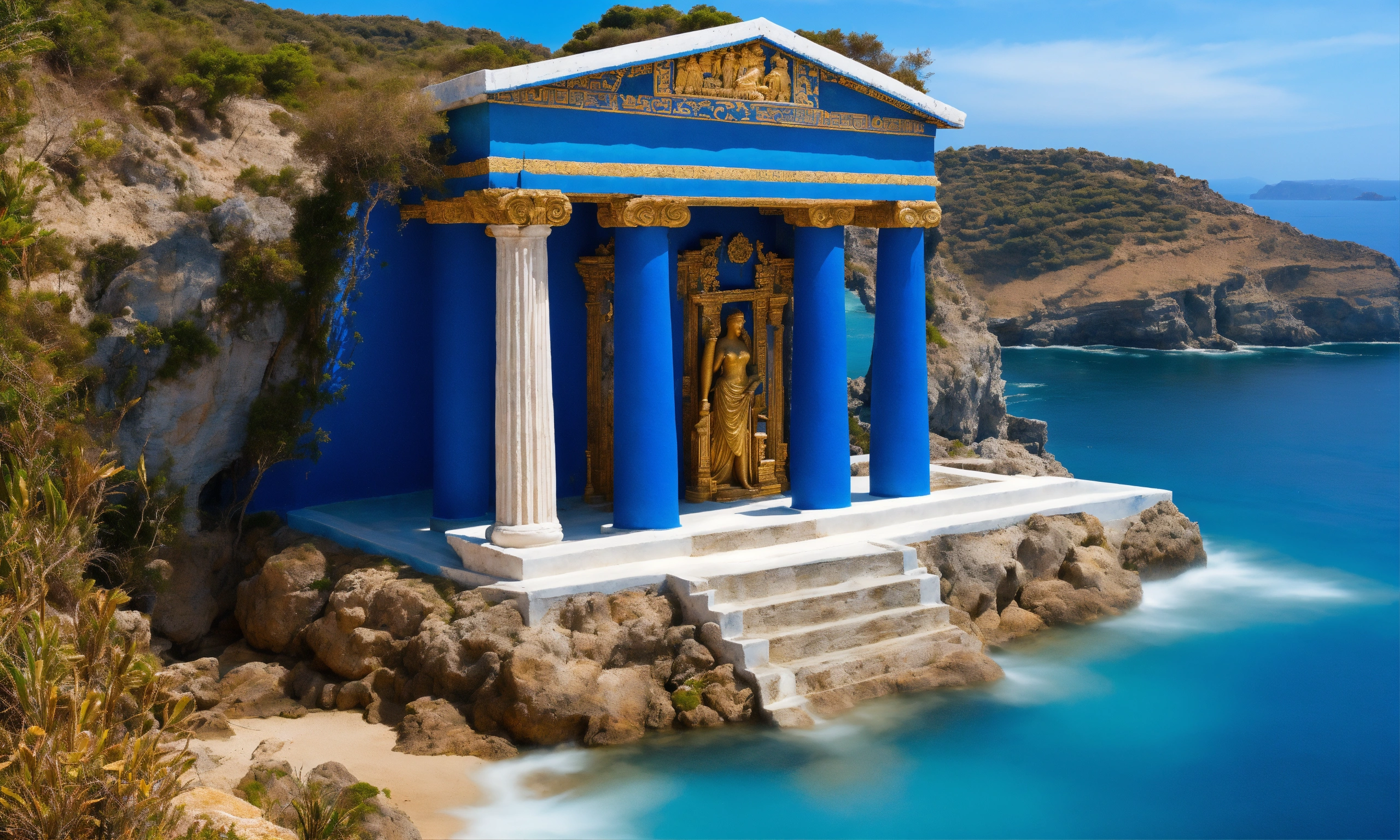 Lexica - A blue temple on a seaside cliff, dedicated to a sea goddess ...