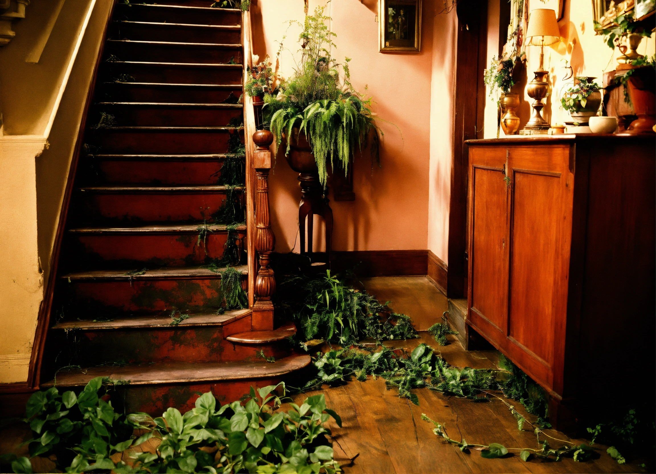 Lexica - Plants on floor in 1970s england haunted house stairs inside