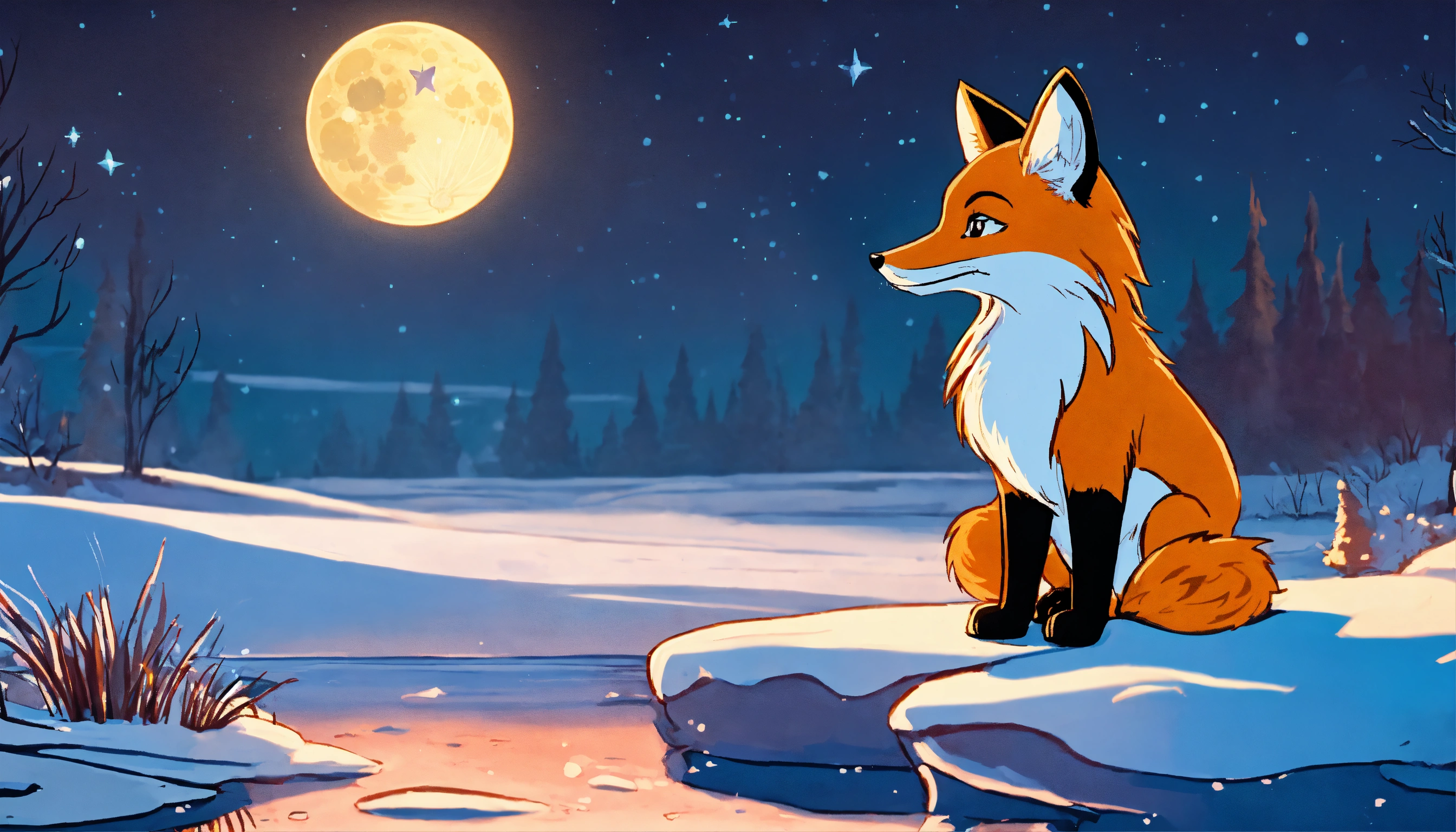 Lexica - A cartoon-style fox, no tail is running on a frozen river at ...