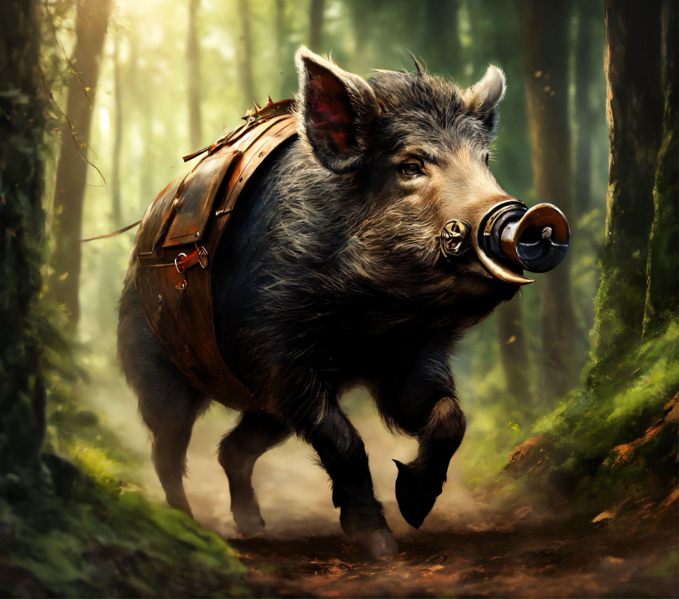 Lexica - Wild boar horned and armored, charging in wild forest, black ...