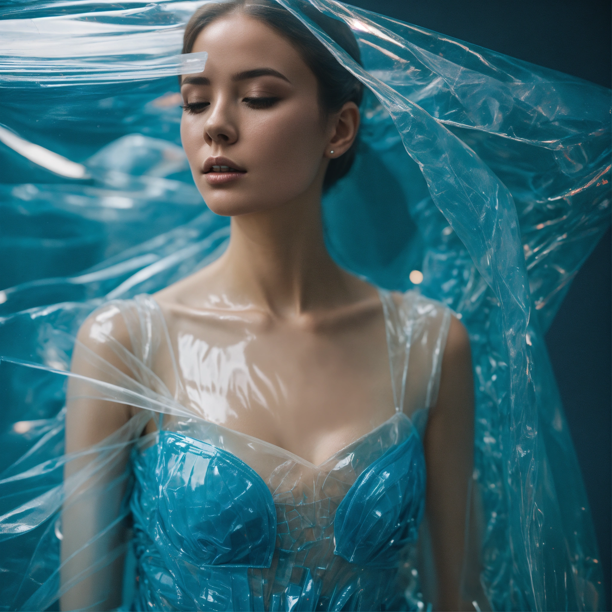 Lexica - Woman Covated in Plastic, Dress Made of Smooth Clear Plastic