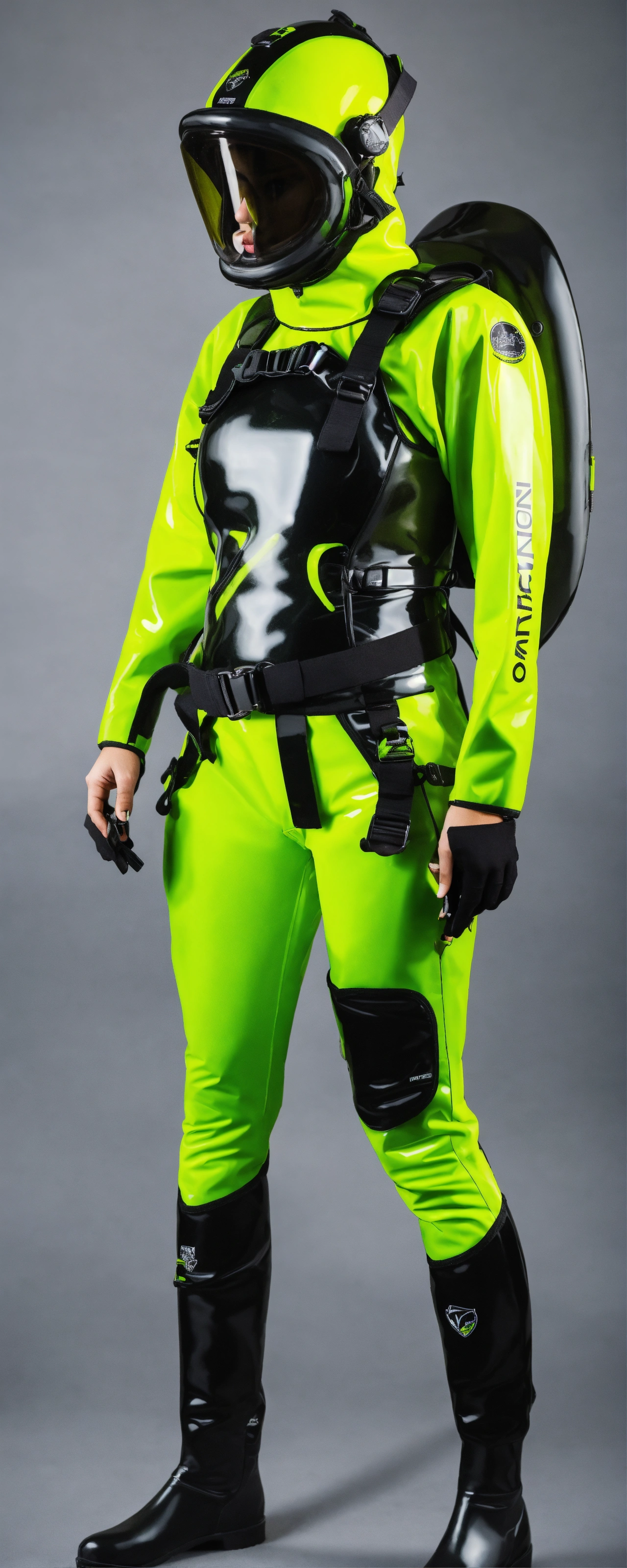 Lexica - Female diver in limegreen and black glossy viking drysuit