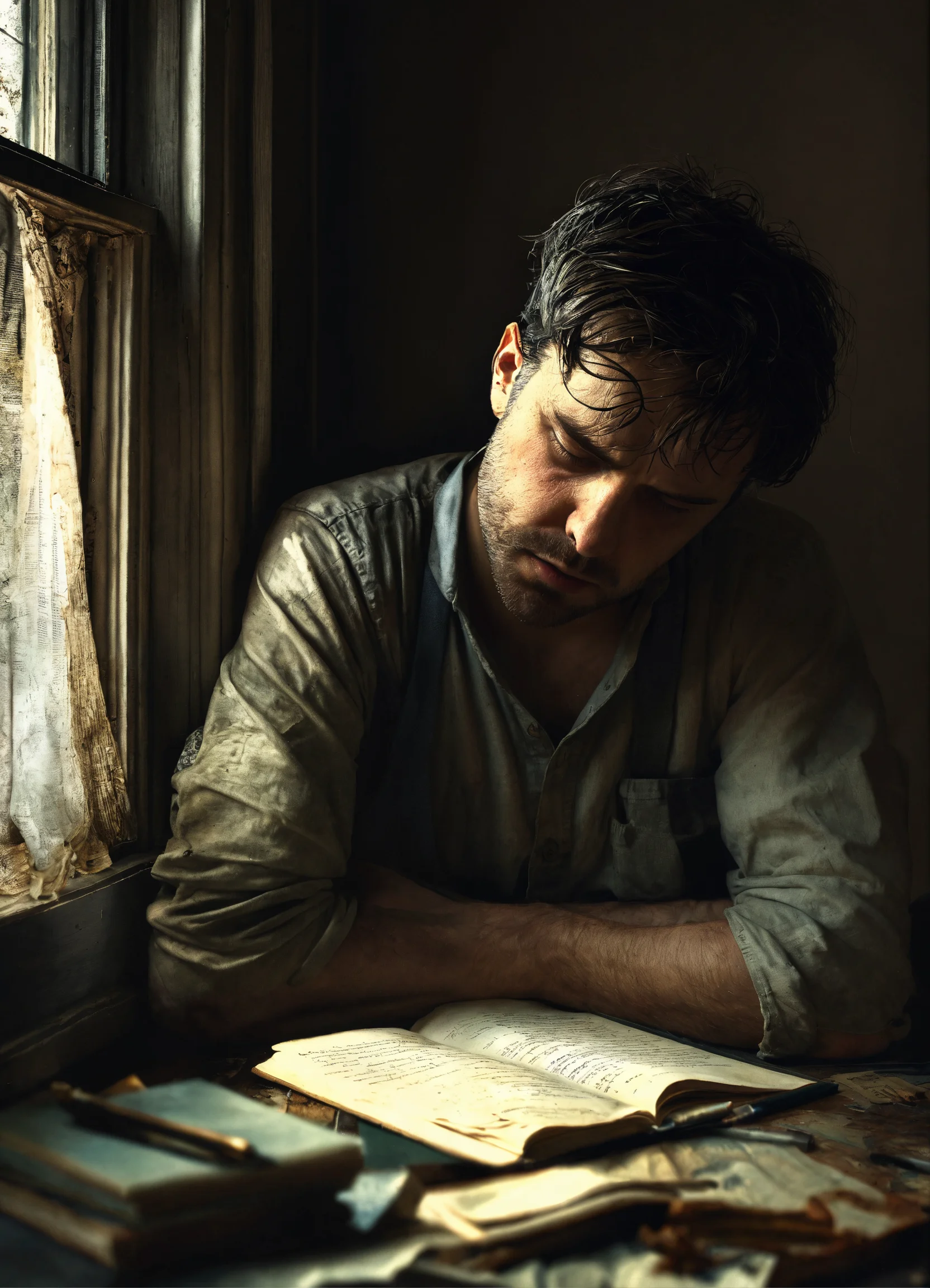 Lexica - A frustrated male writer with depression, beautiful photoreal ...