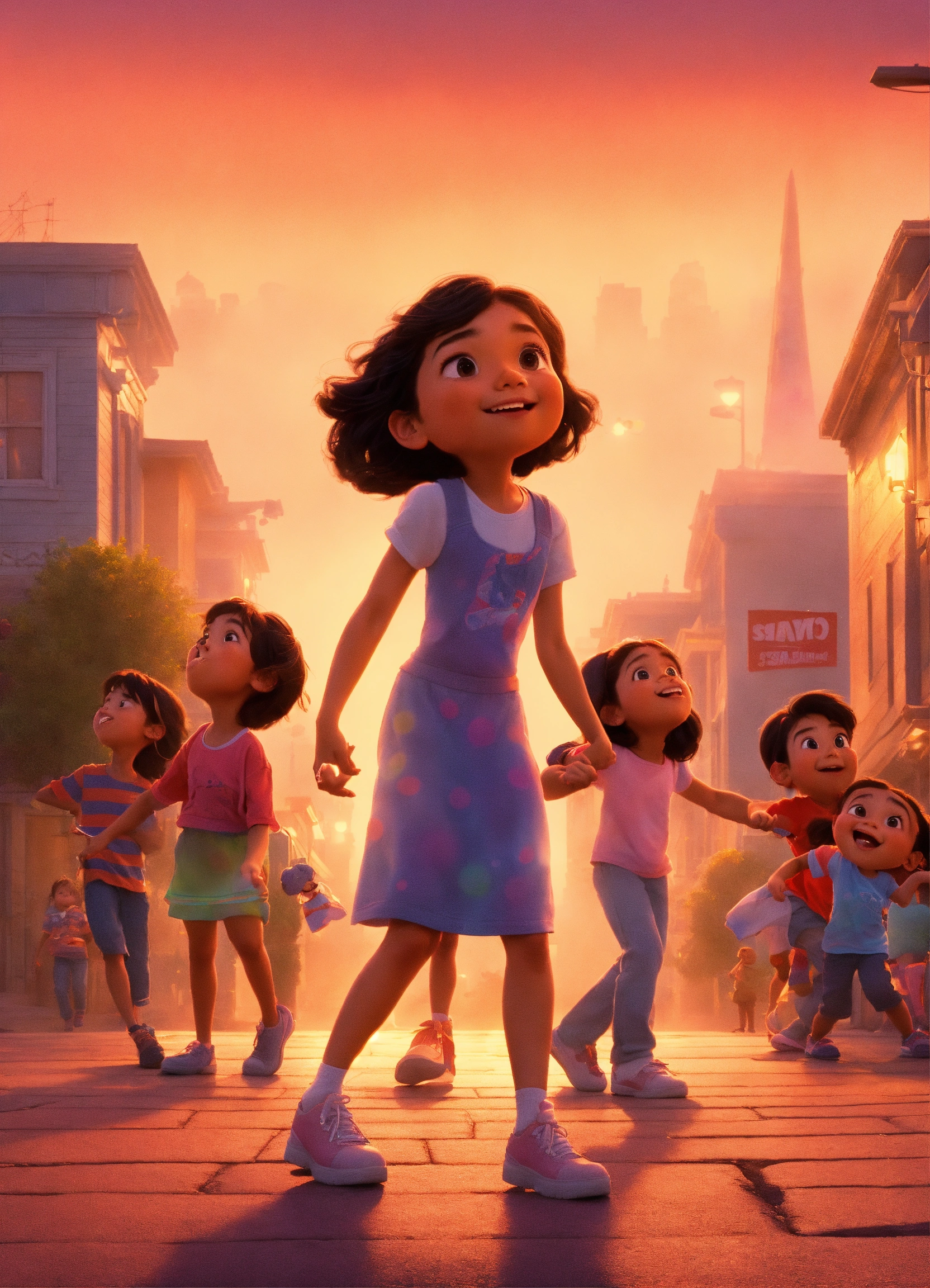 Lexica - Pixar animation of hispanic 9 year old Mia dancing with her family under the foggy San ...