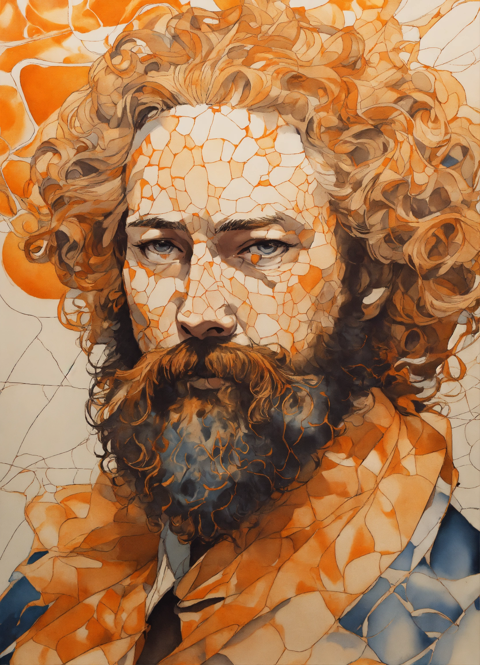 Lexica - A portrait. a long-bearded man with curly orange hair swirling ...