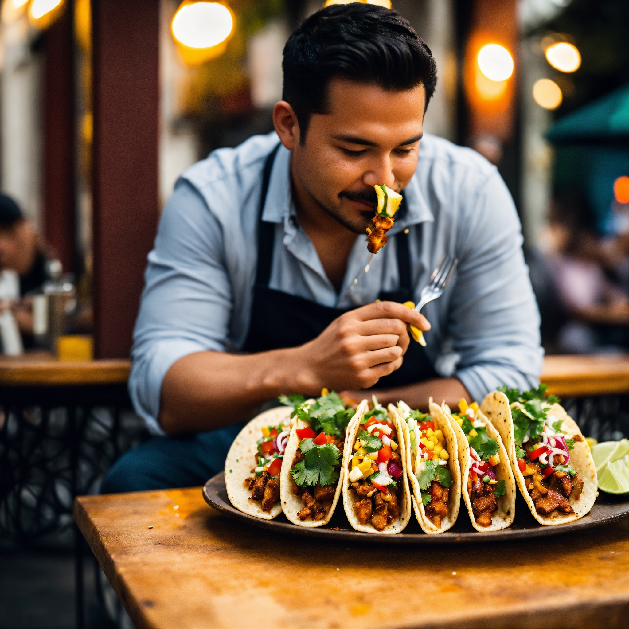 Lexica - An elegant food critic is sitting on a bench eating tacos al ...