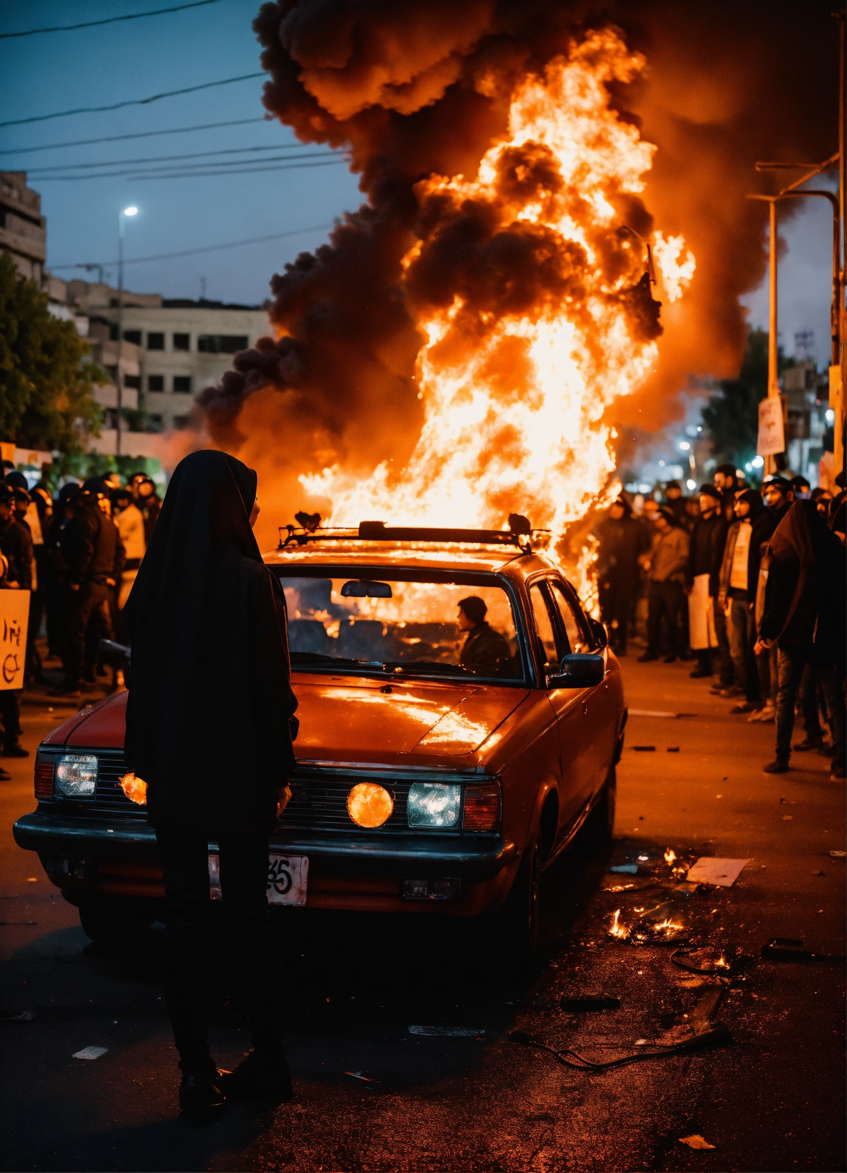 Lexica - Dark aesthetic photo, an Iranian girl amidst a chaotic street ...