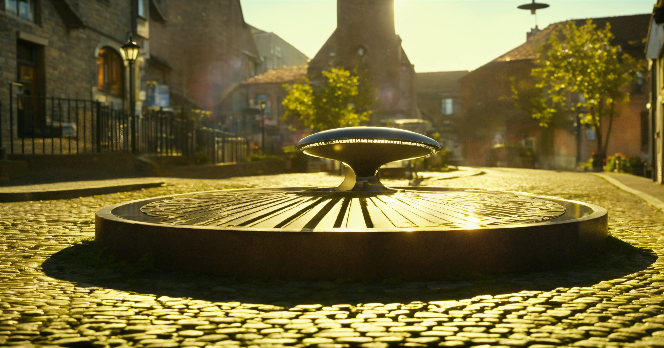 Lexica - Futuristic sundial on a cobble street, restaurant in ...