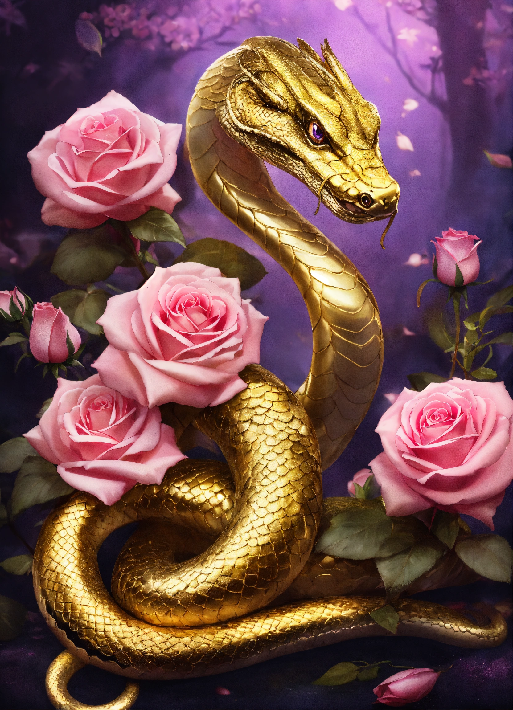 Lexica - Fairy tale large magic gold and purple snake pink roses ...