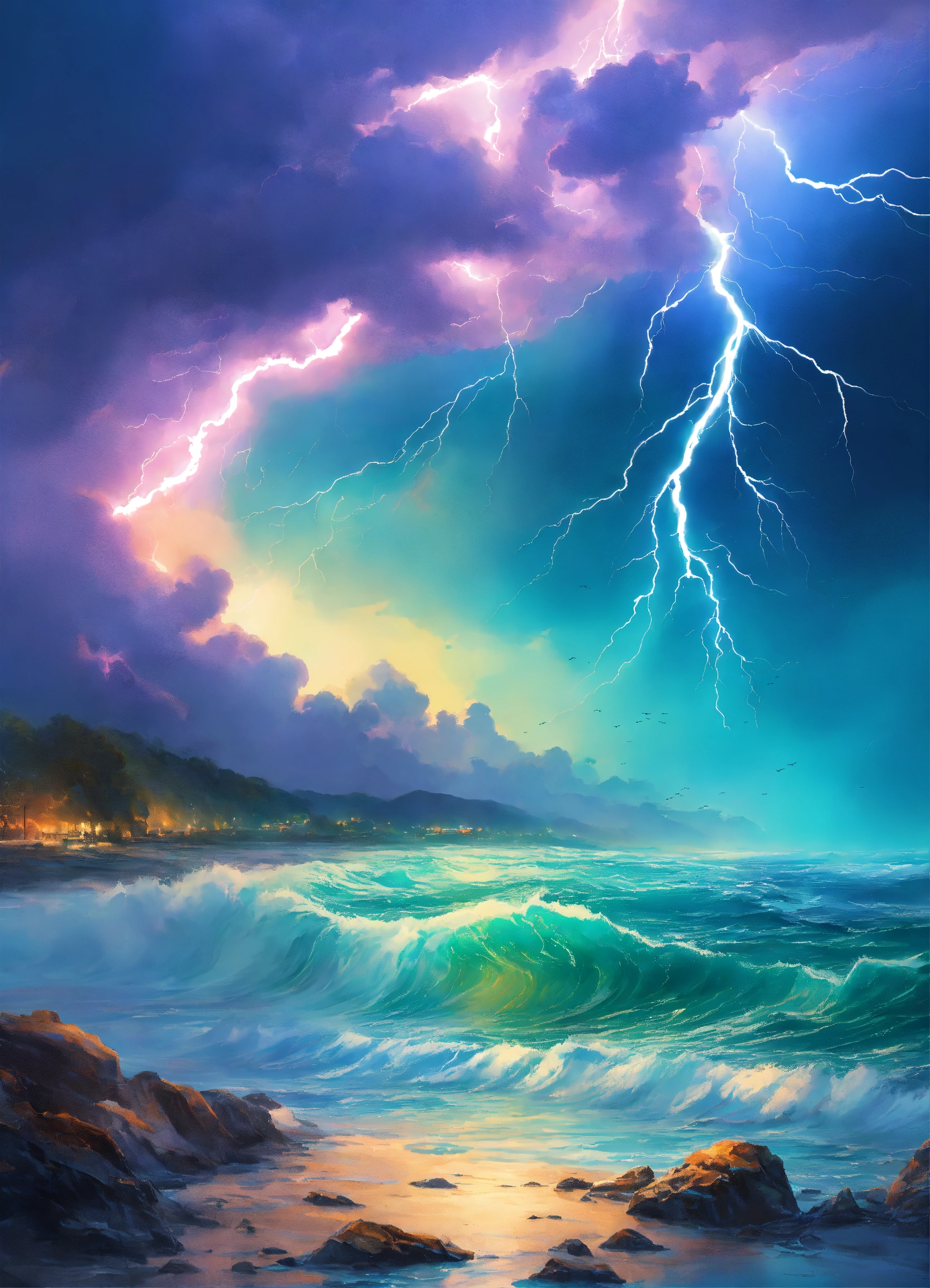 Lexica - Sea scenery, lightning, oceanic tsunami with bold and bright ...