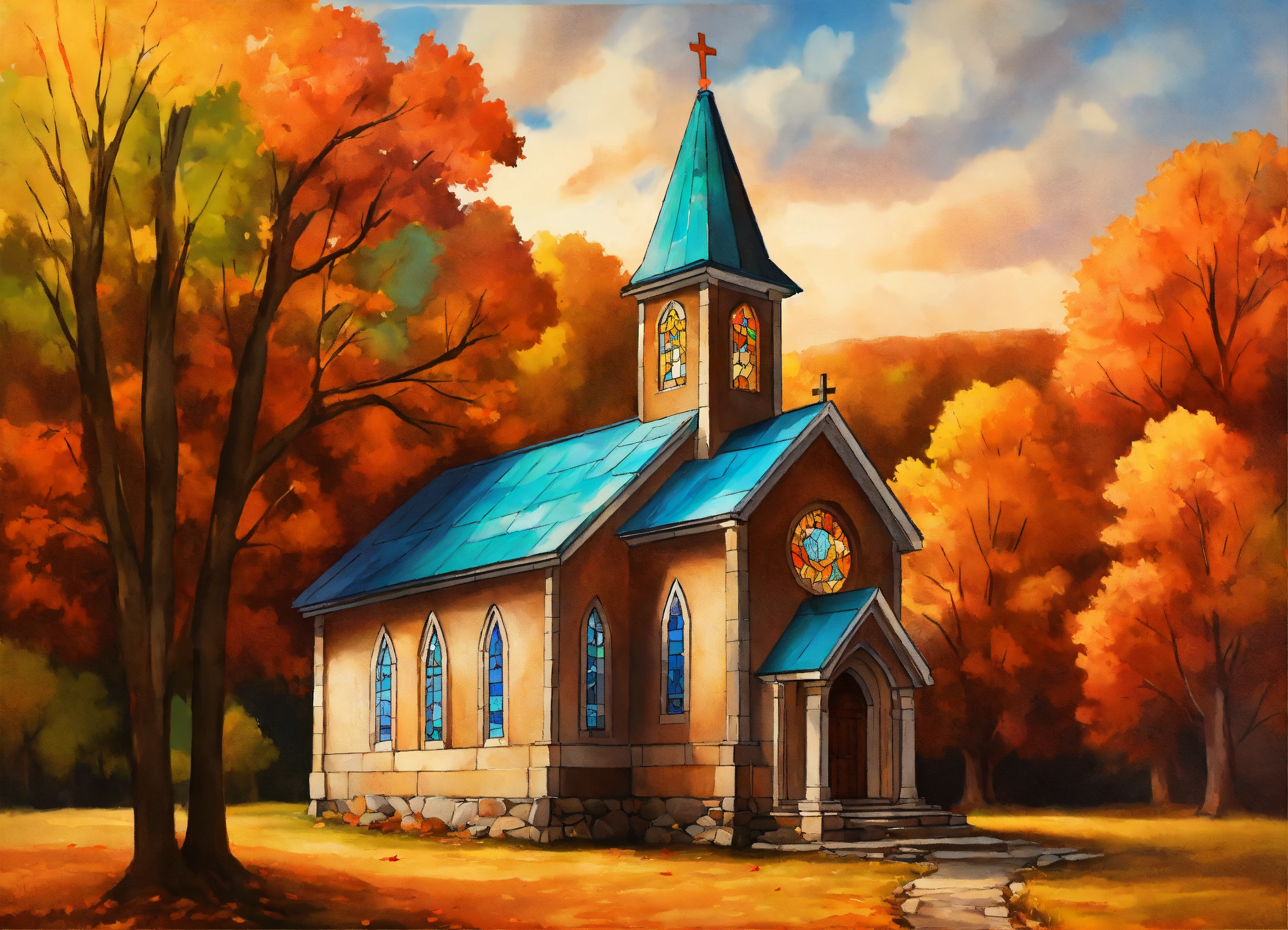 Lexica - Create a painting of a small, old stone church with a cross on ...