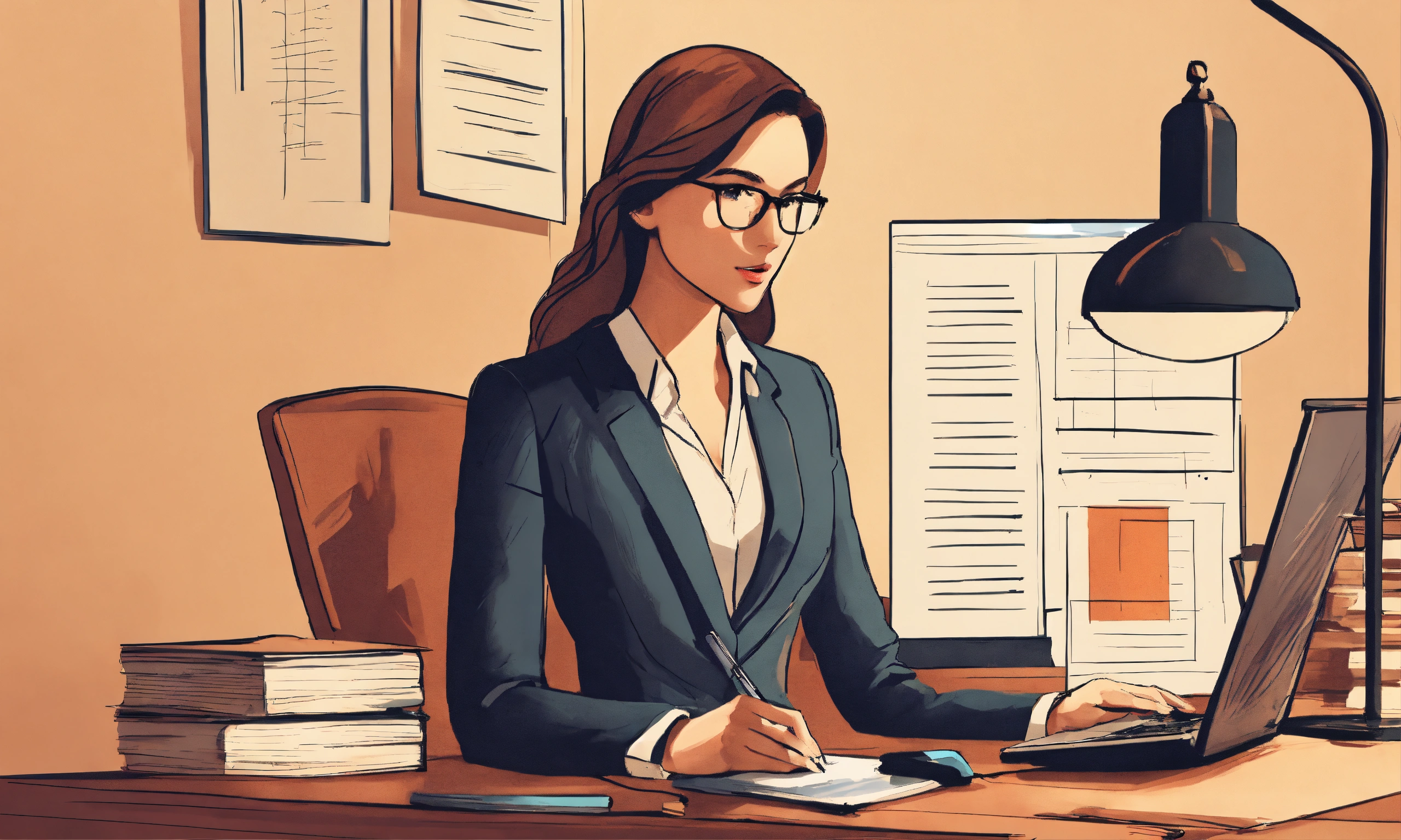 Lexica - A minimalist sketch depicting a female attorney blogging