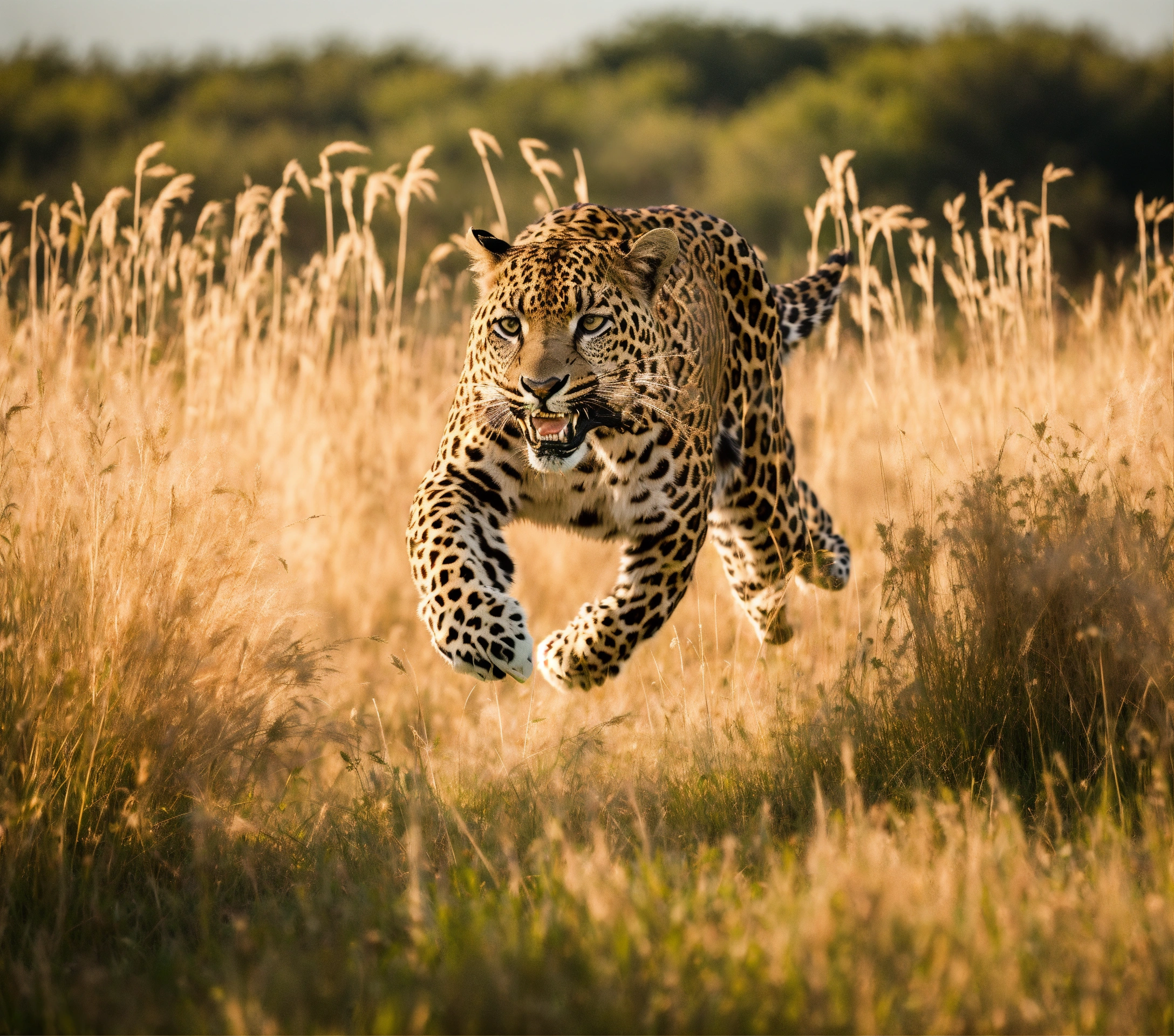 Lexica - A sabre toothed leopard pouncing out of tall grass to ambush a ...