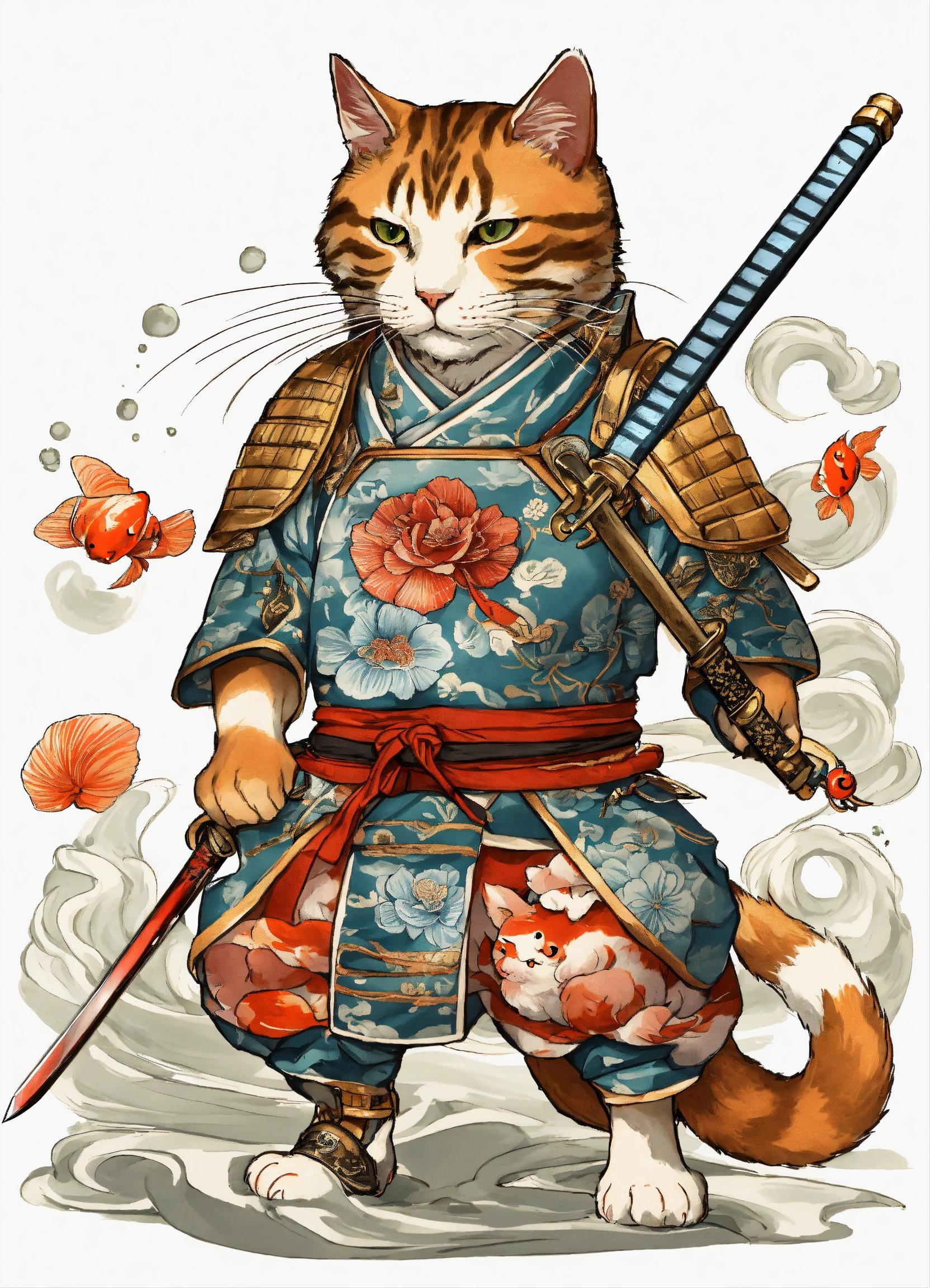 Lexica - There is a cat with a fish and a sword on a white background ...
