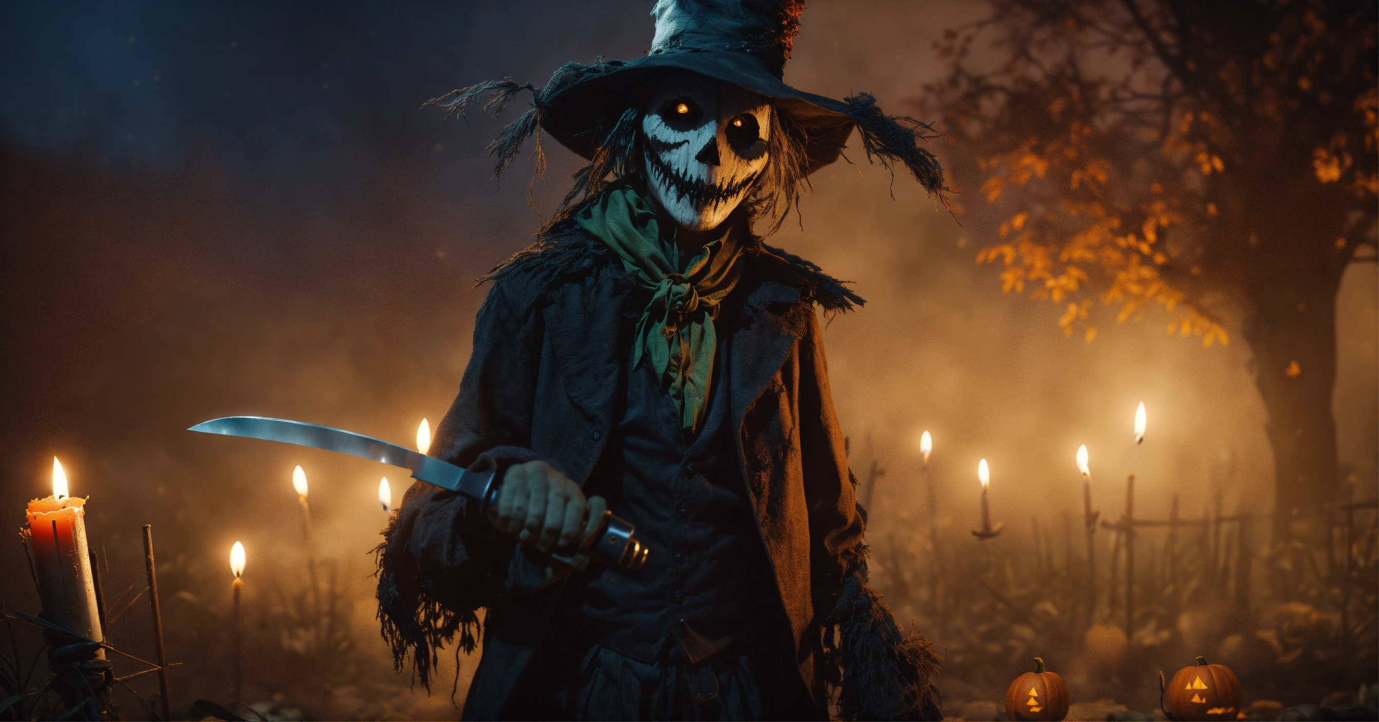Lexica - A very scary scarecrow holding a large knife, Halloween, night ...