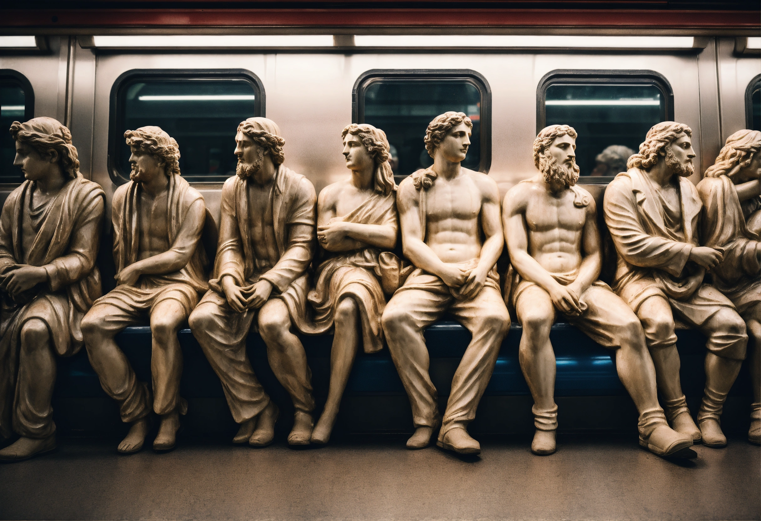 Lexica - Greek marble statues sitting in a very crowded subway train ...