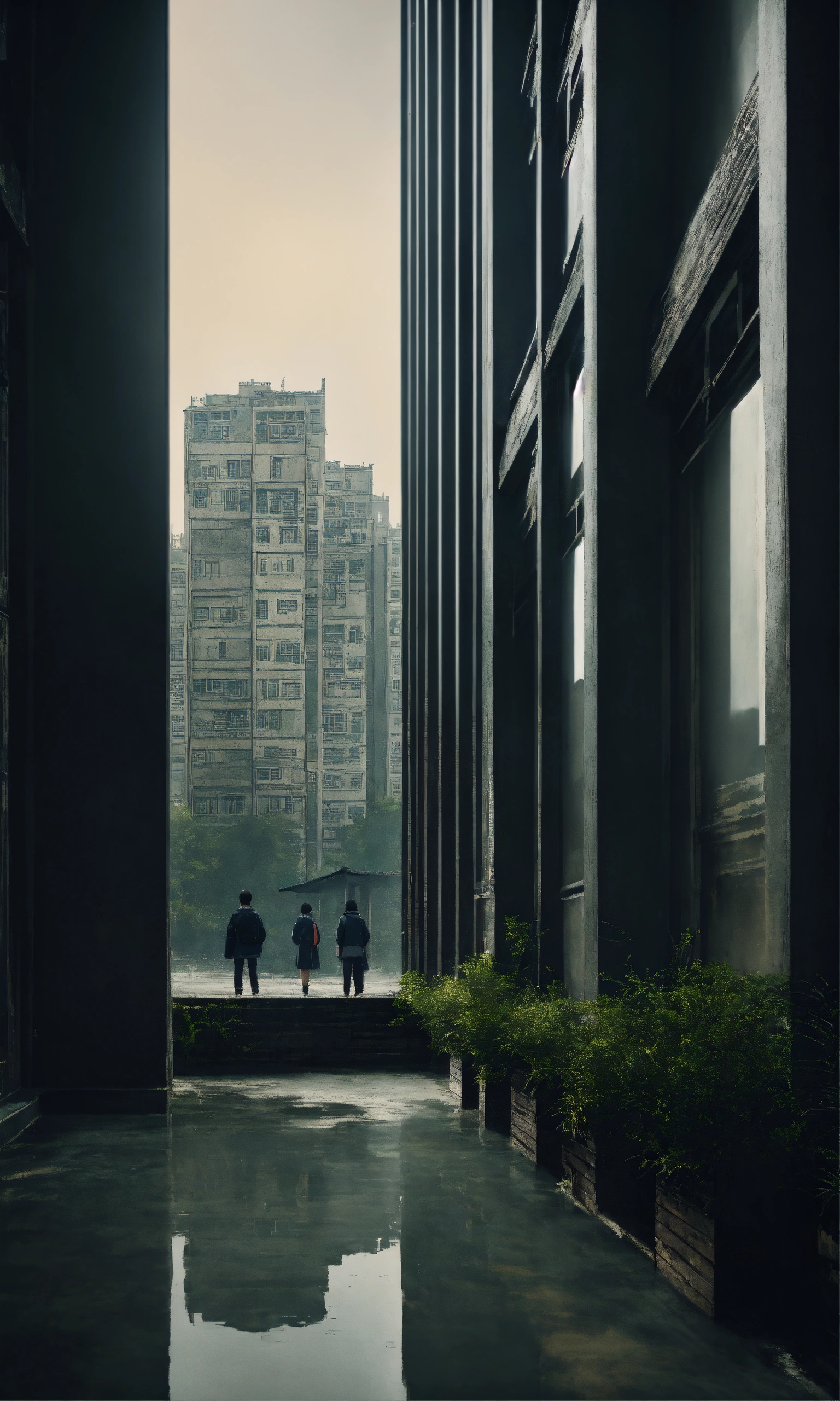 Lexica - Some people look over tall building windows, in the style of ...
