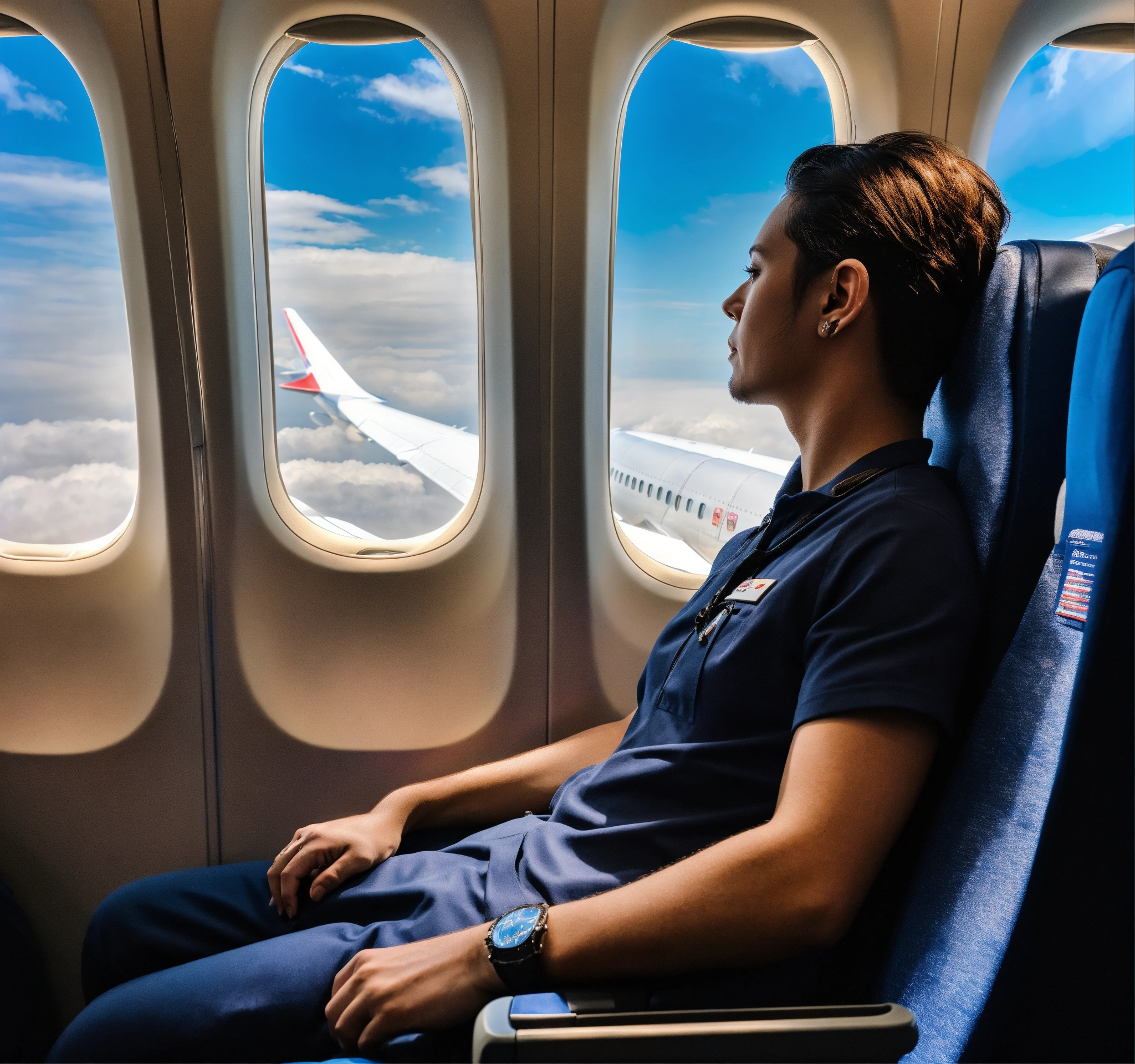 Lexica - A photo of a passenger on an airplane. The passenger is ...