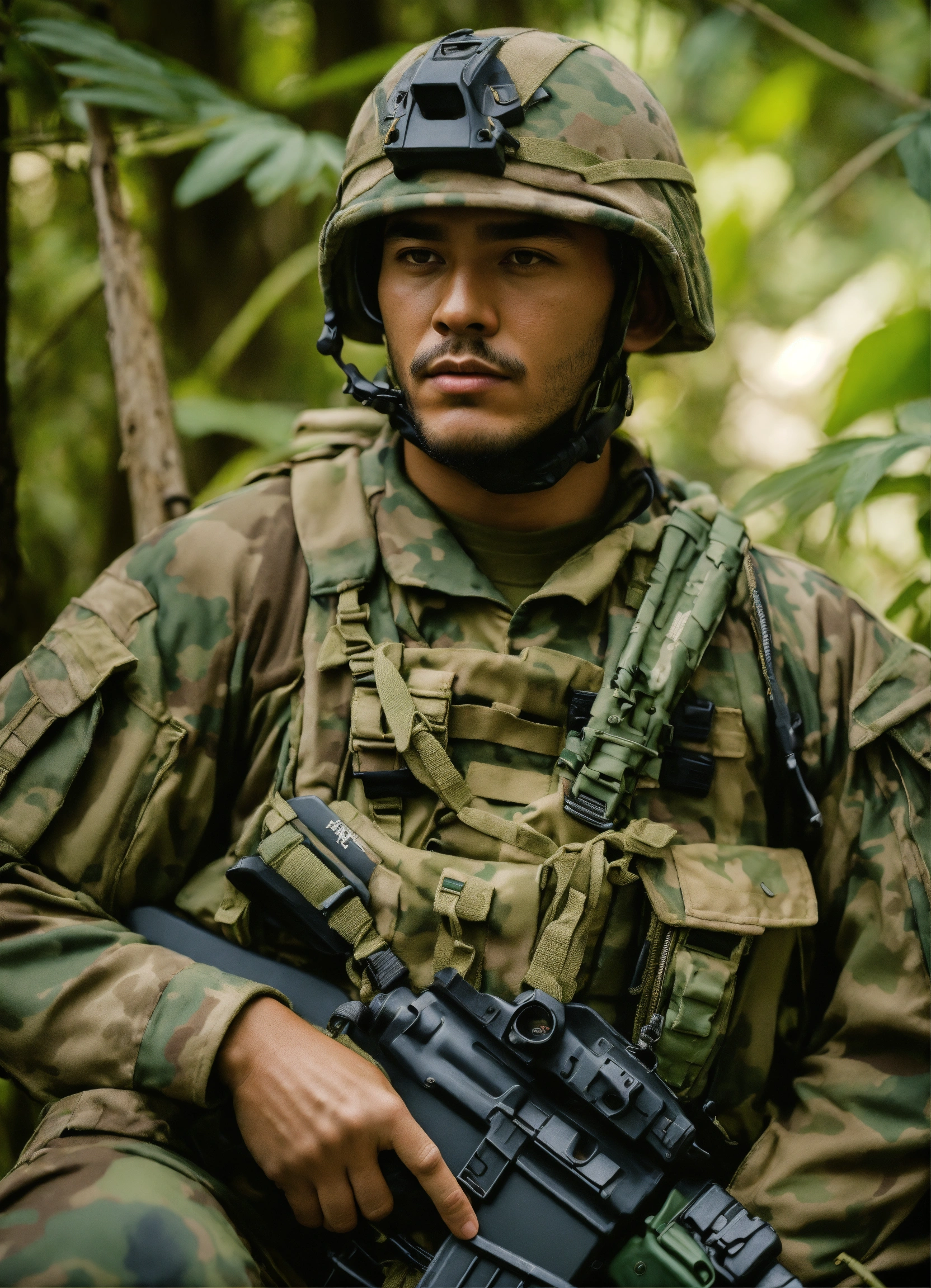 Lexica - Waist-up, muted photo portrait titled "soldier of the jungle ...