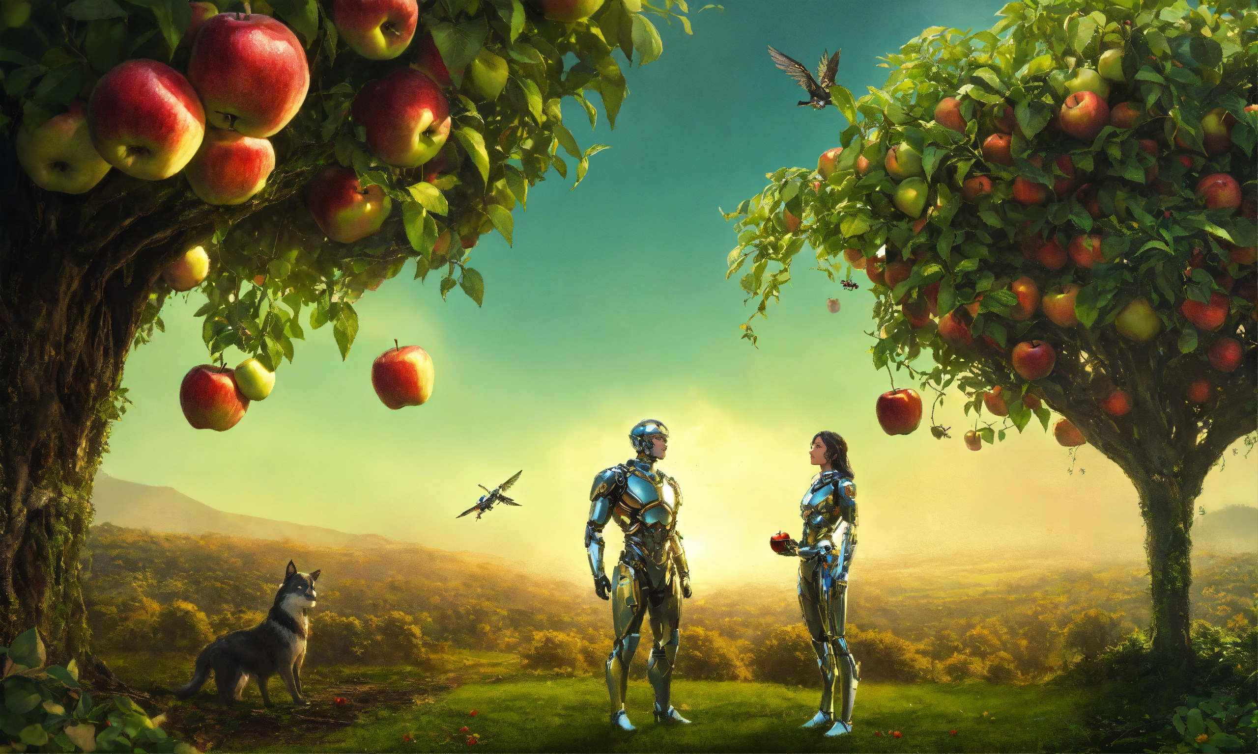 Lexica - Cyborg adam and cyborg Eve eating a apple standing under a ...