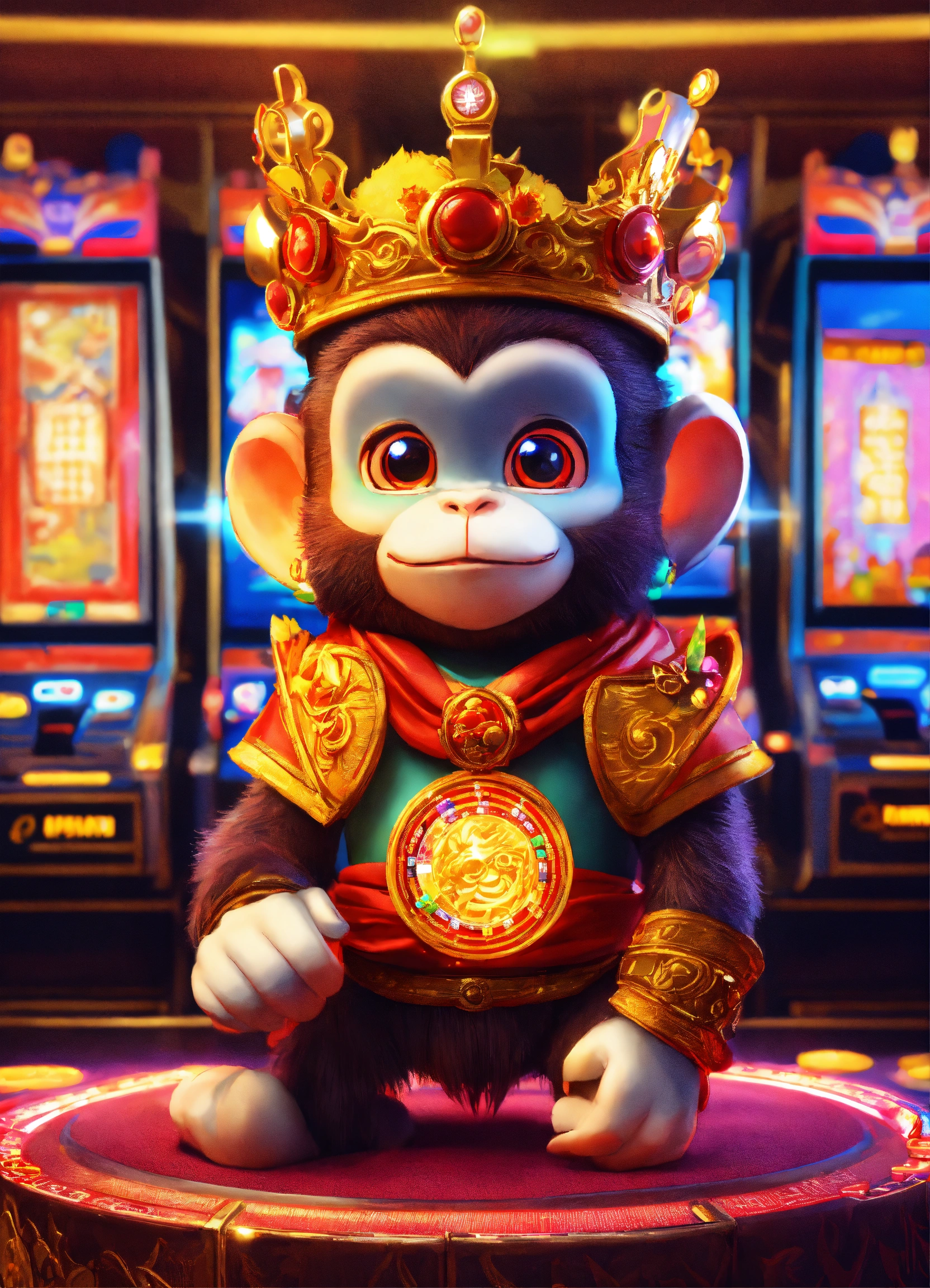 Lexica - Cutie Q version characters monkey king with crown slotmachine location，8k and neonlight