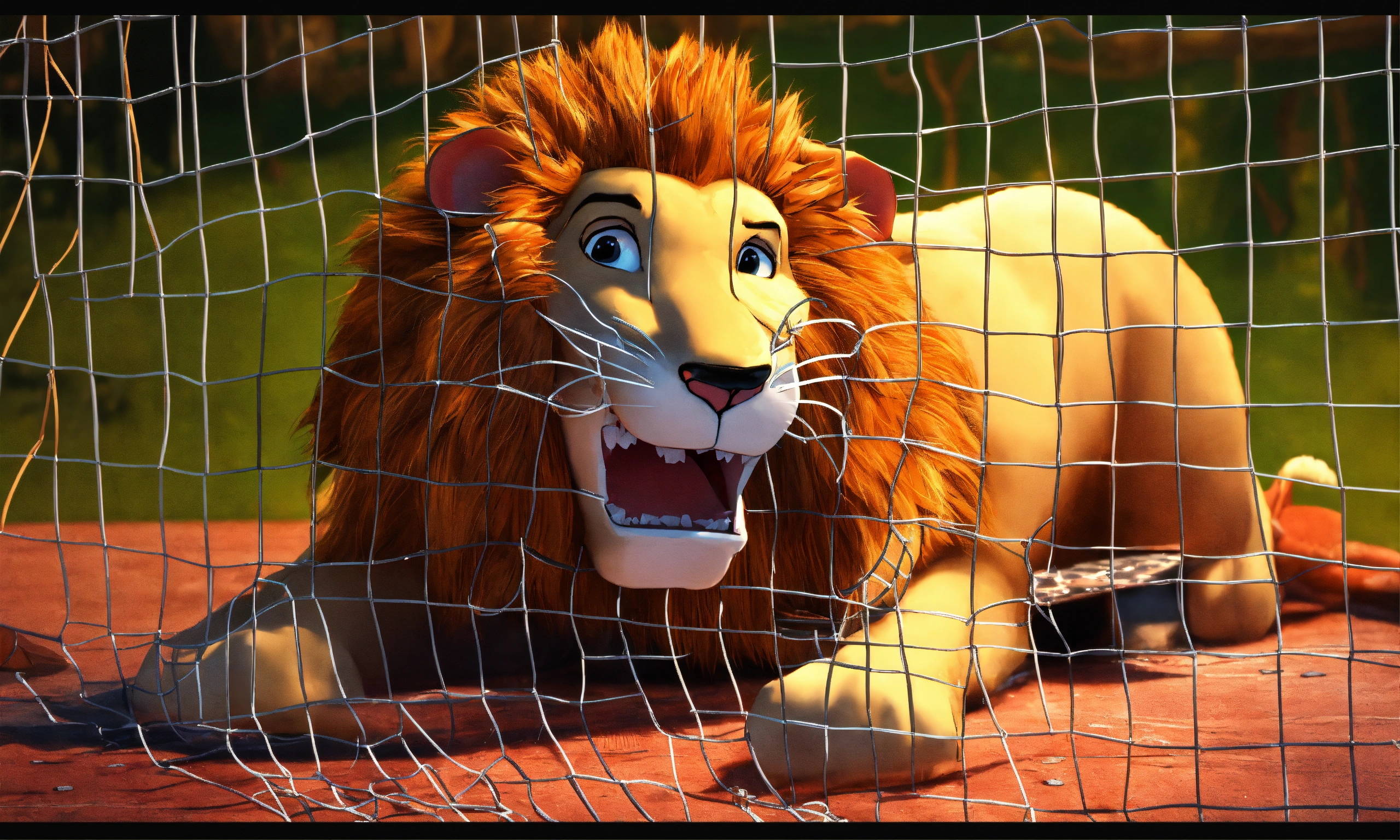 Lexica - Cartoon 3d big lion trapped in net, mouse cutting net by its teeth