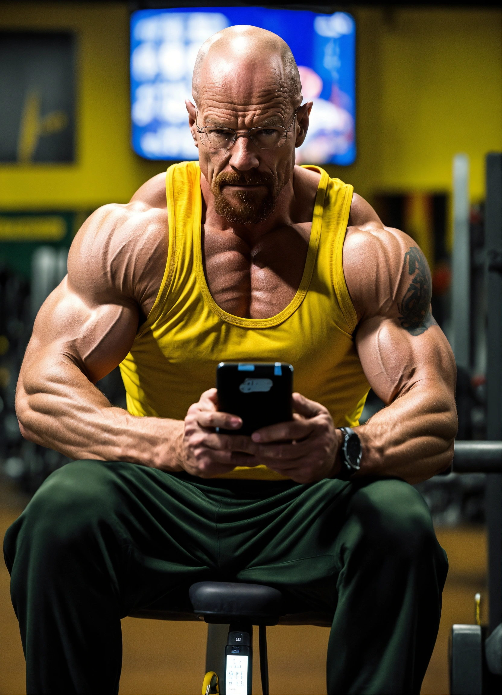 Lexica - Bodybuilder Walter White on his phone in the gym