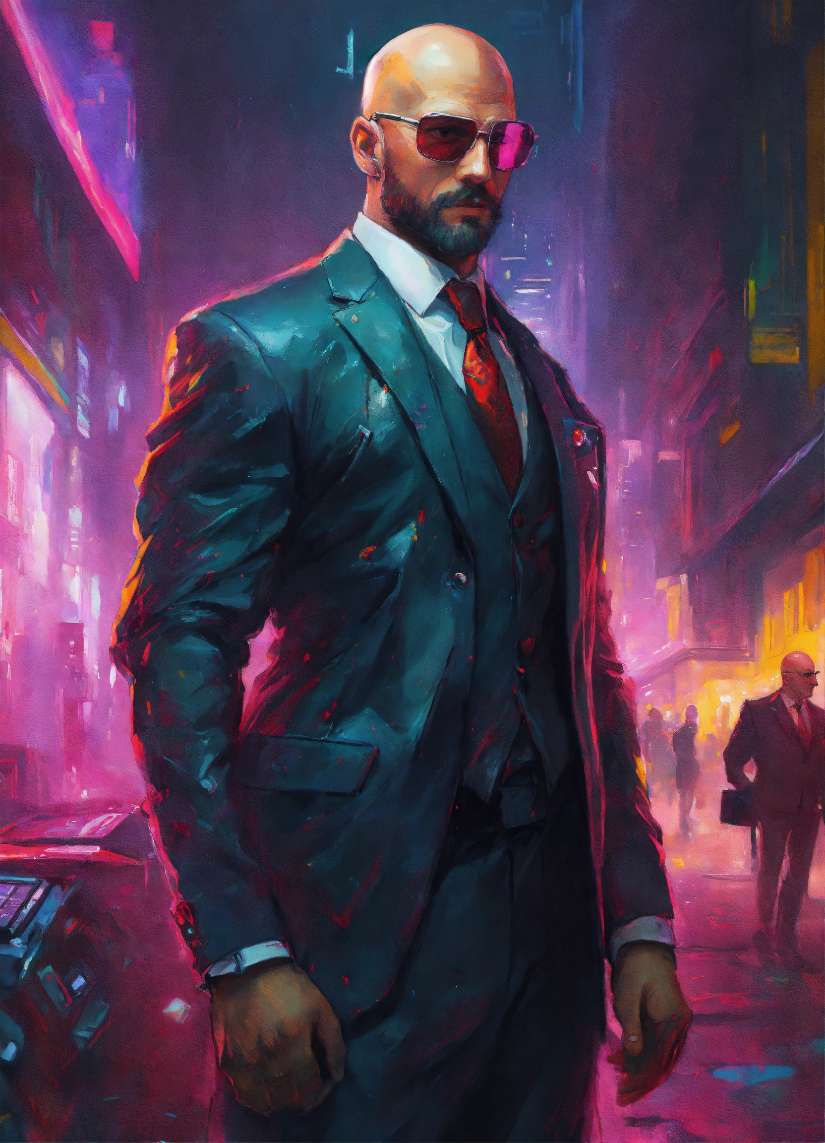 Lexica - Strong bald cyberpunk bounder in a suit, at a rave gritty oil ...