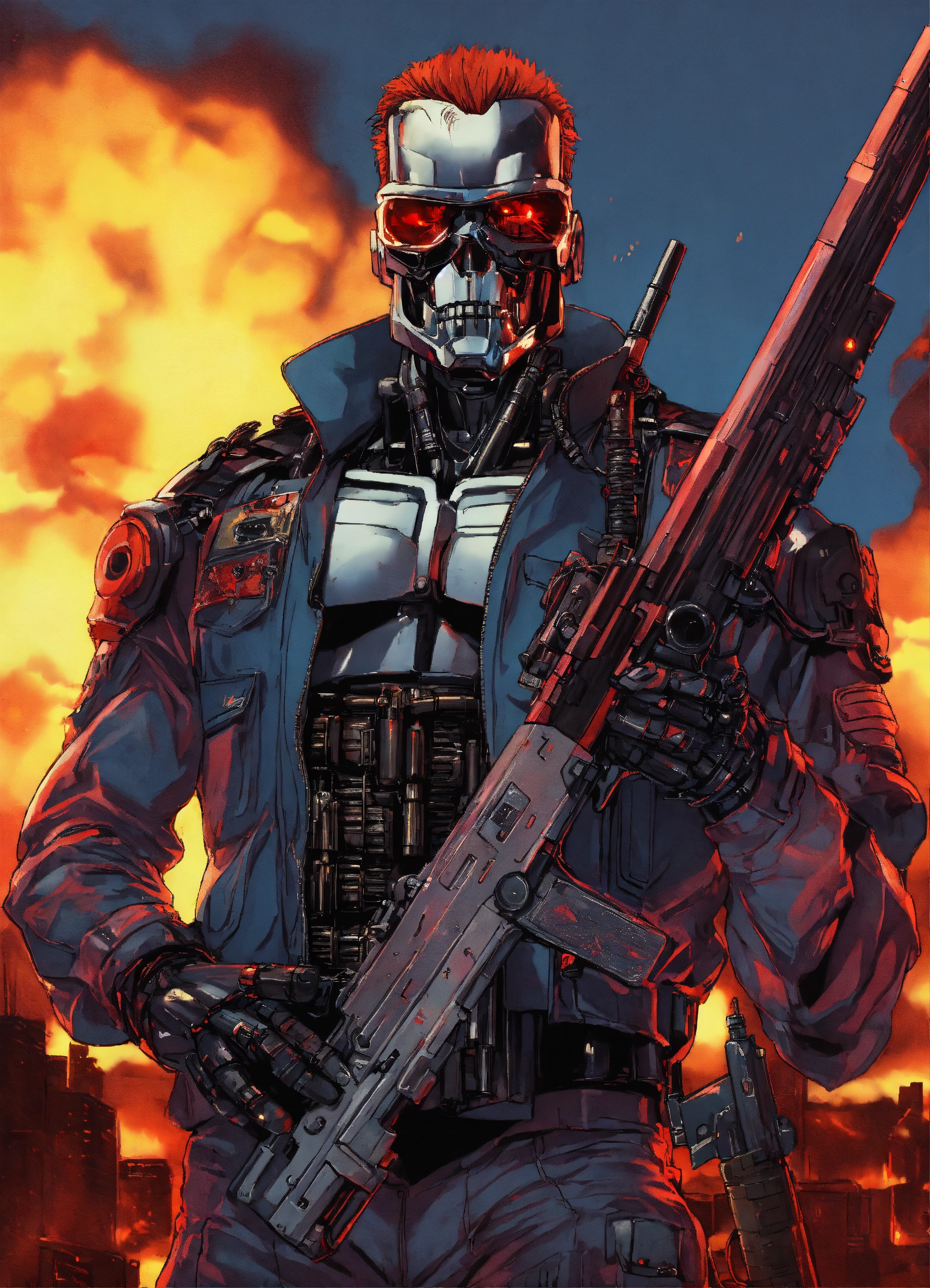 Lexica - 80's anime evil terminator cyborg holding 2 shotguns, evil, gothic