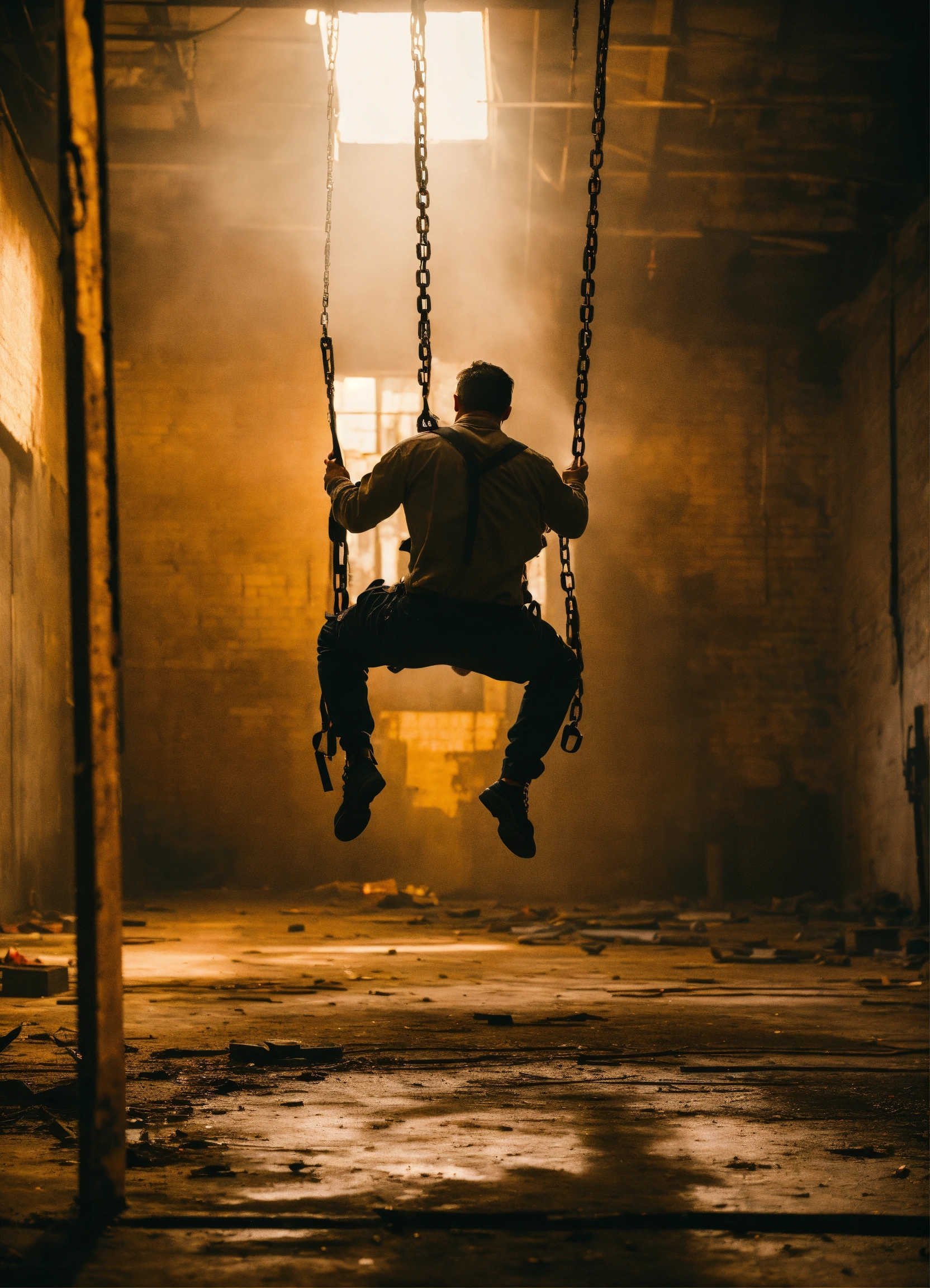 Lexica - A man on his back hanging from a chain, in an abandoned ...