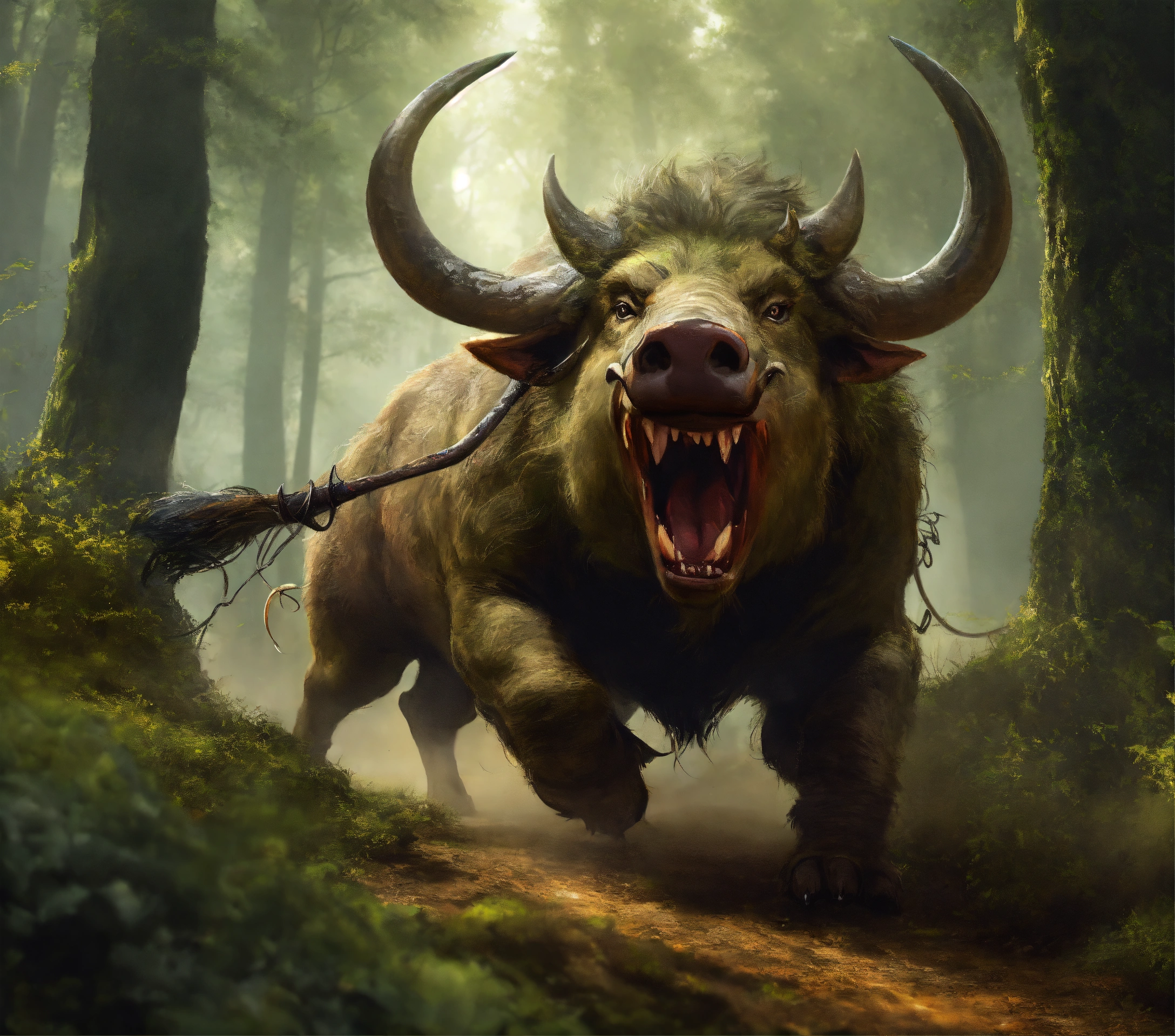 Lexica - Ogre female with horned wild boar, charging in wild forest ...